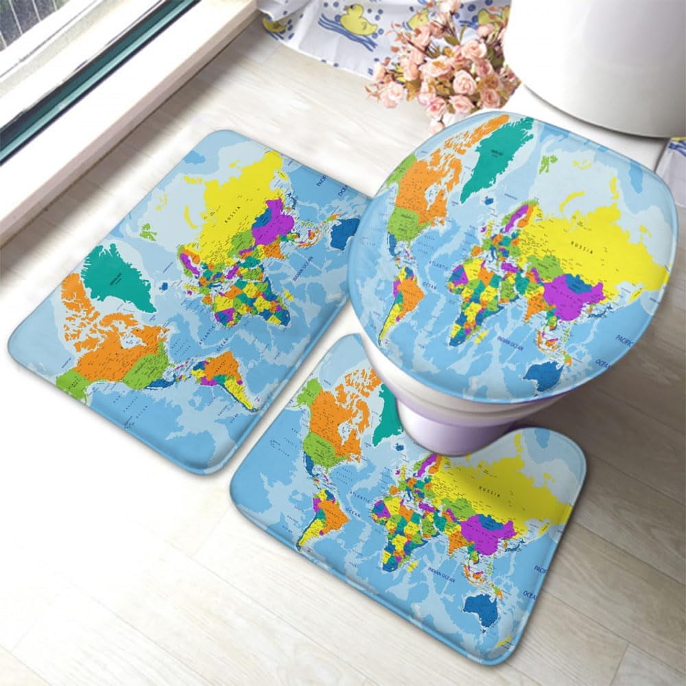 NICKSUN World Map Bathroom Rugs Sets 3 Pieces, Inculding U-Shaped ...