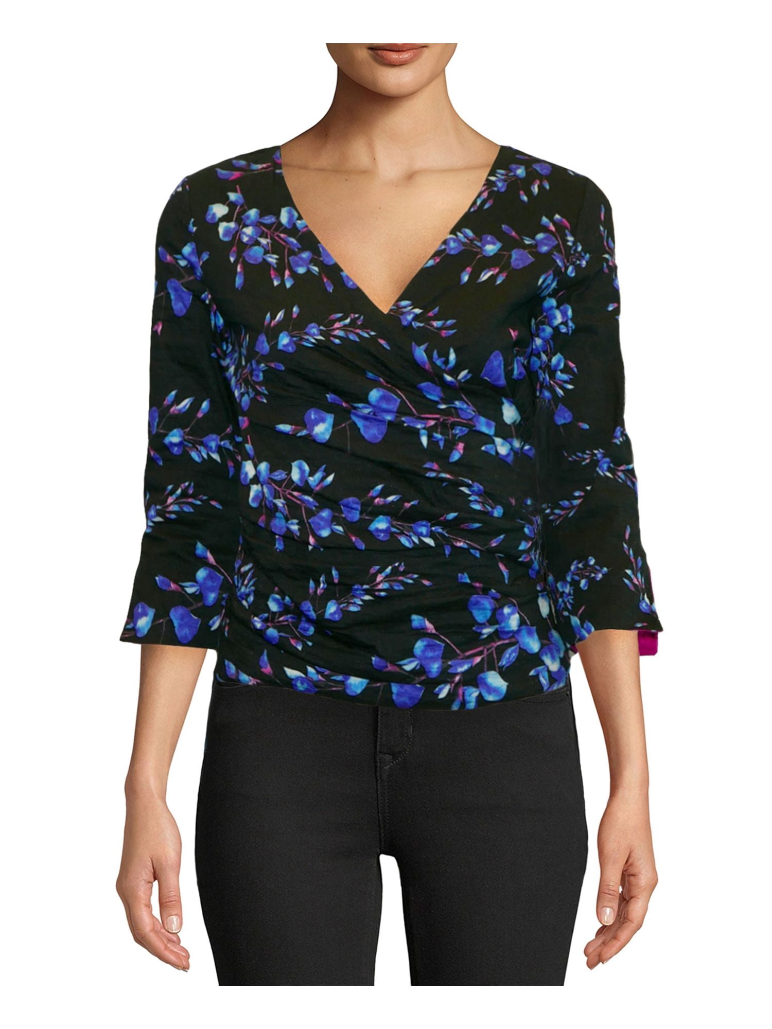 NICOLE MILLER Women's Blue Printed Business Top, 3/4 Sleeve V Neck For ...