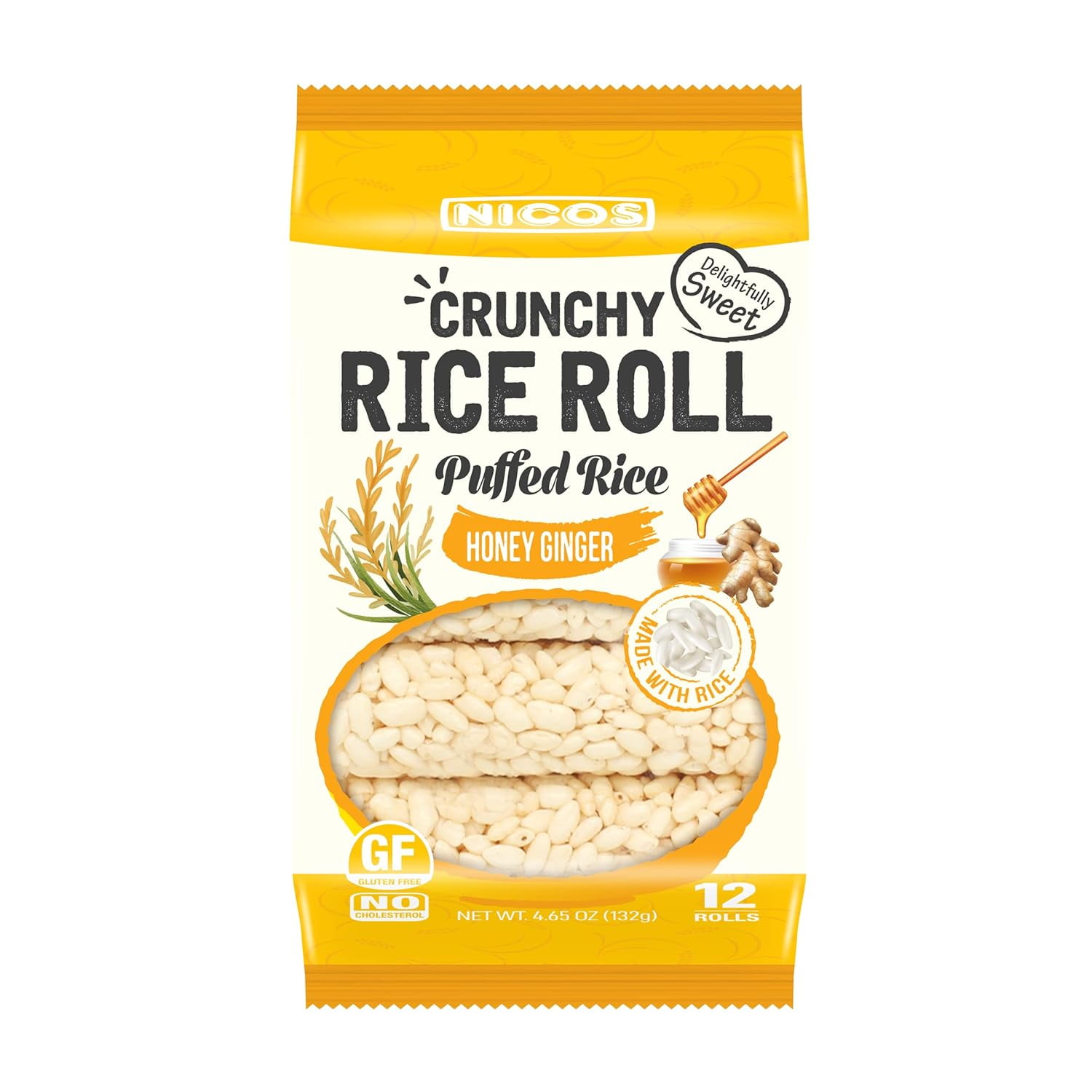NICOS Crunchy Rice Roll- Puffed Rice Honey Ginger Flavor (12 Rolls x 6 ...