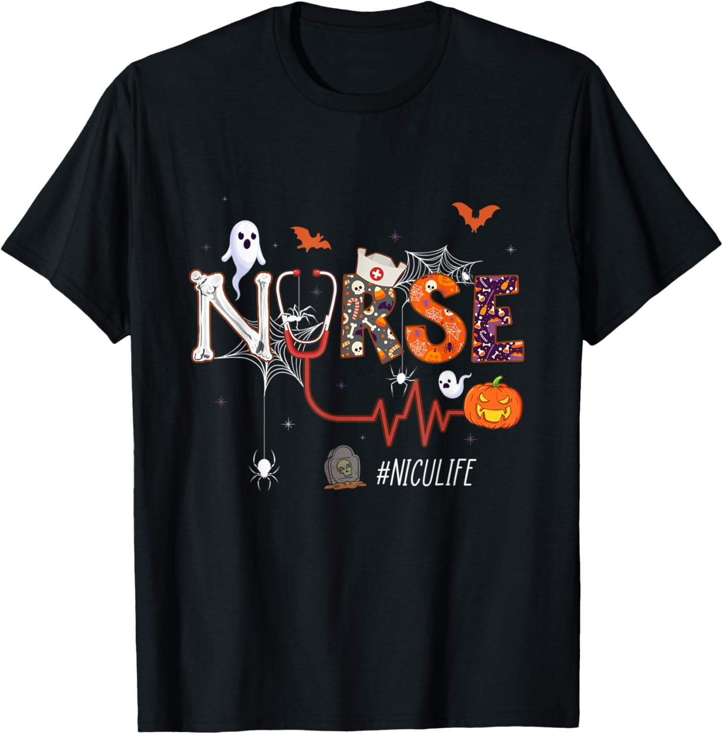 NICU Nurse Stethoscope Pumpkin Halloween Neonatal ICU Nurses T-Shirt ...
