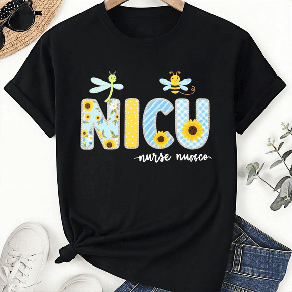 NICU Nurse Sunflower Pattern Bee Dragonfly Unisex T-Shirt - Walmart.com