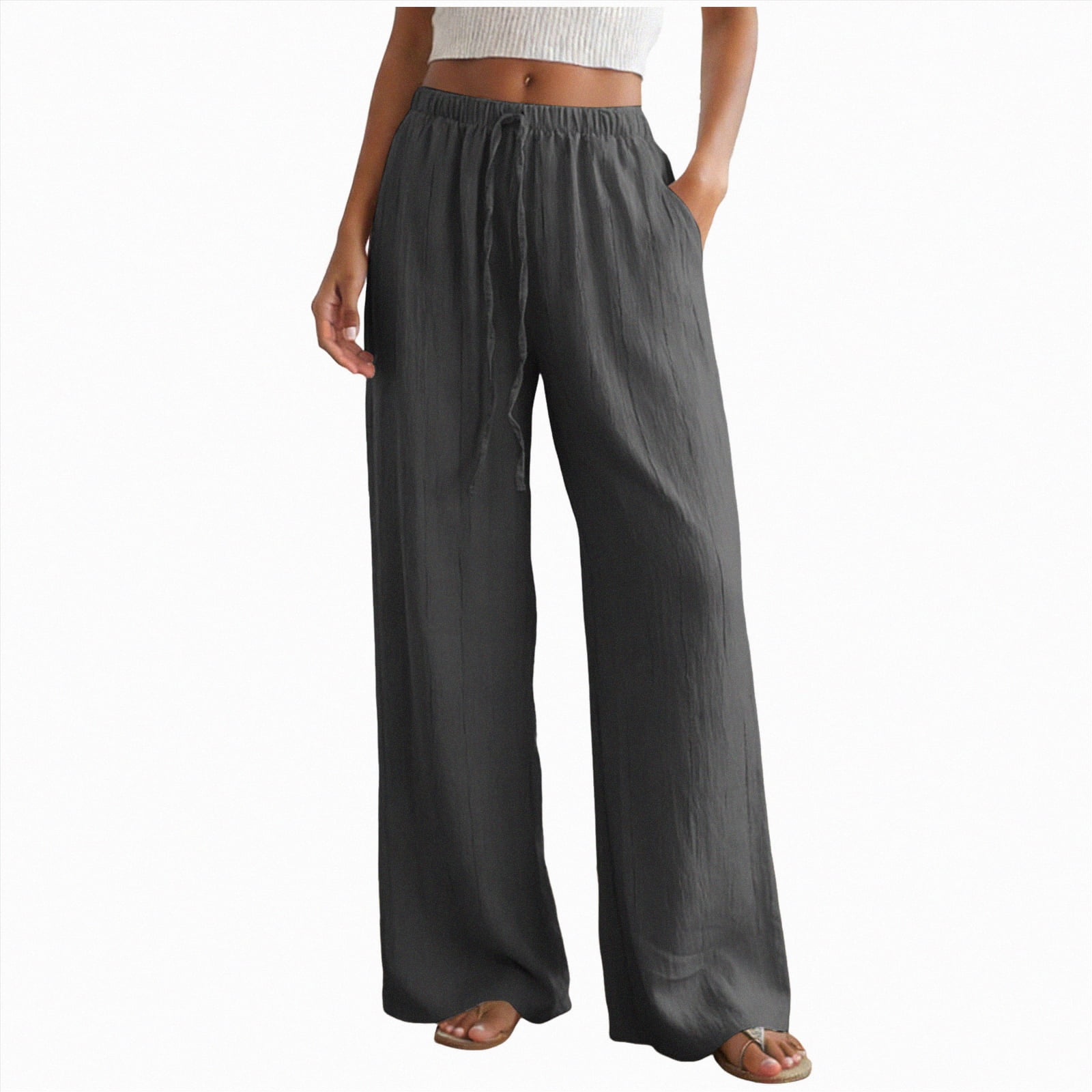 NIEWTR Women's Cotton Linen Drawstring High Waisted Pants Casual Loose ...