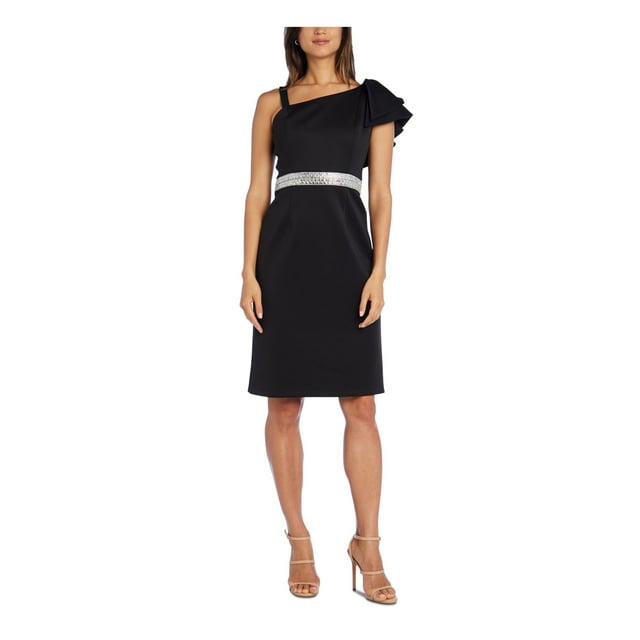 Nightway Womens Black Sleeveless Asymmetrical Neckline Above The Knee
