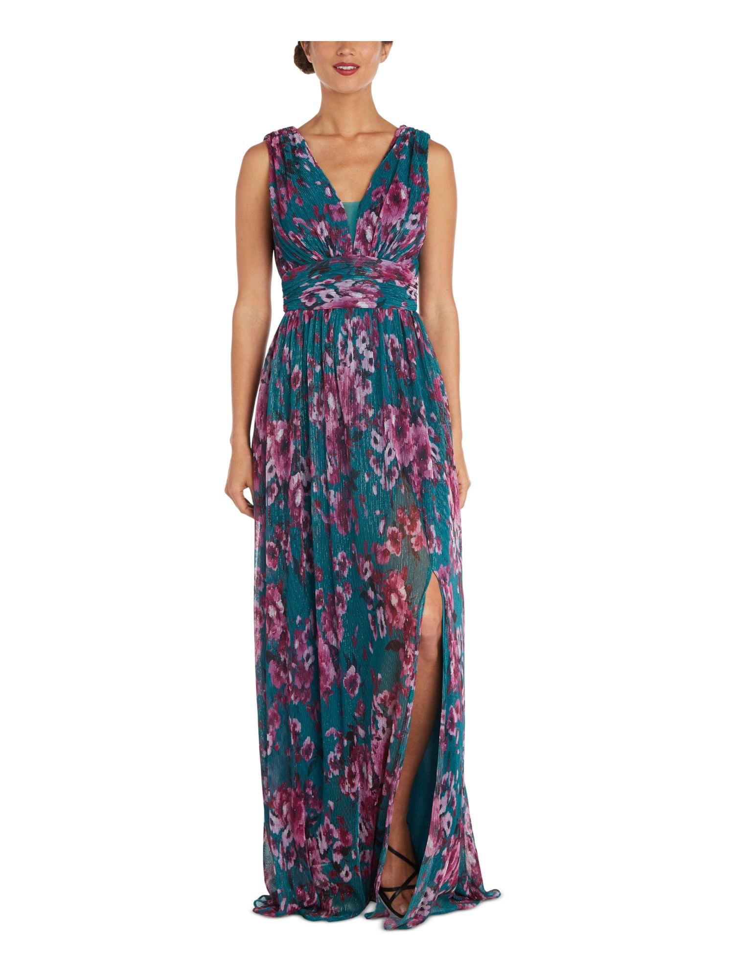 NIGHTWAY Womens Teal Zippered Pleated Slit Gathered Floral Sleeveless V ...