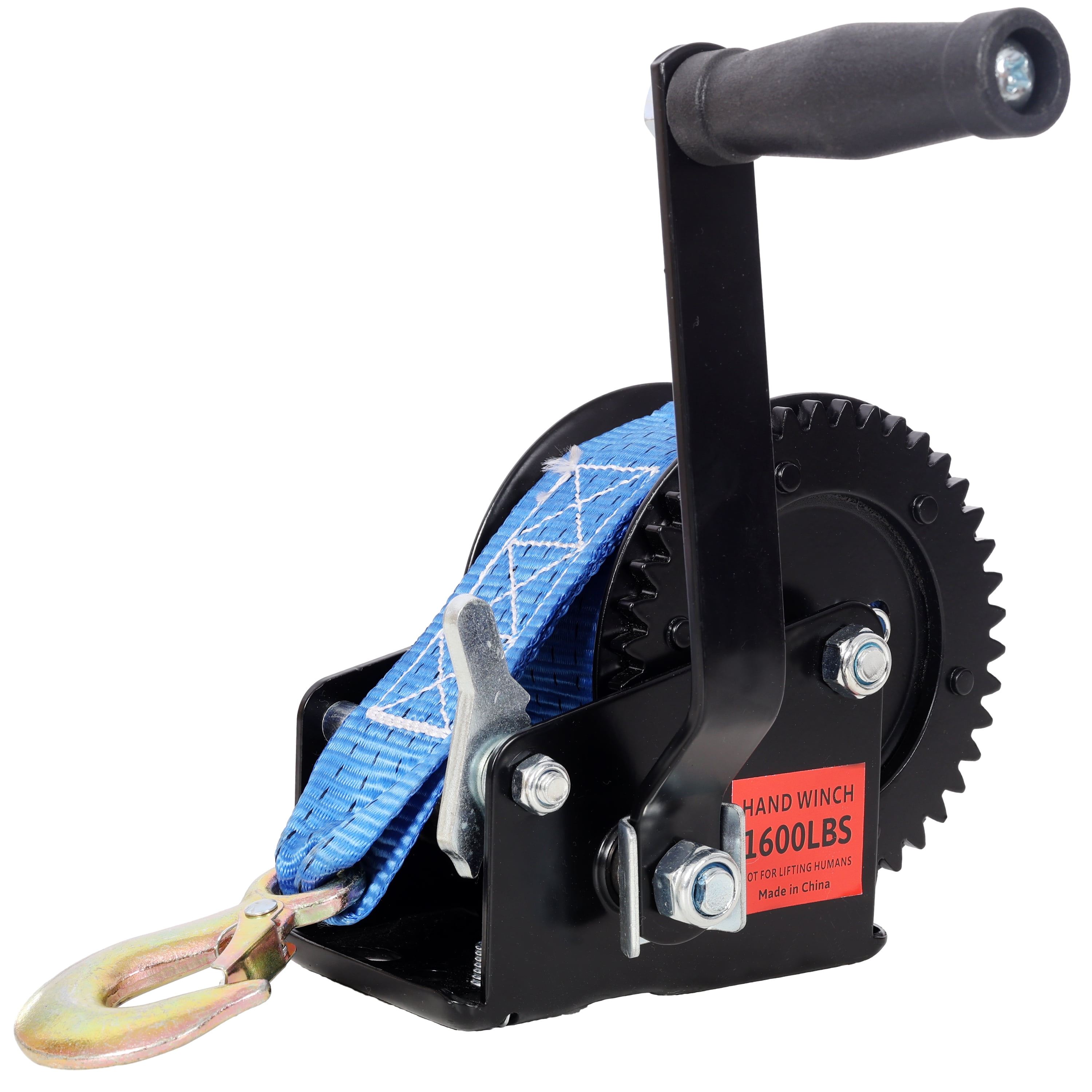 NIGSQJB 1600LBS Hand Winch,with 26FT Blue Strap,Black Shell,4.1:1 Gear ...