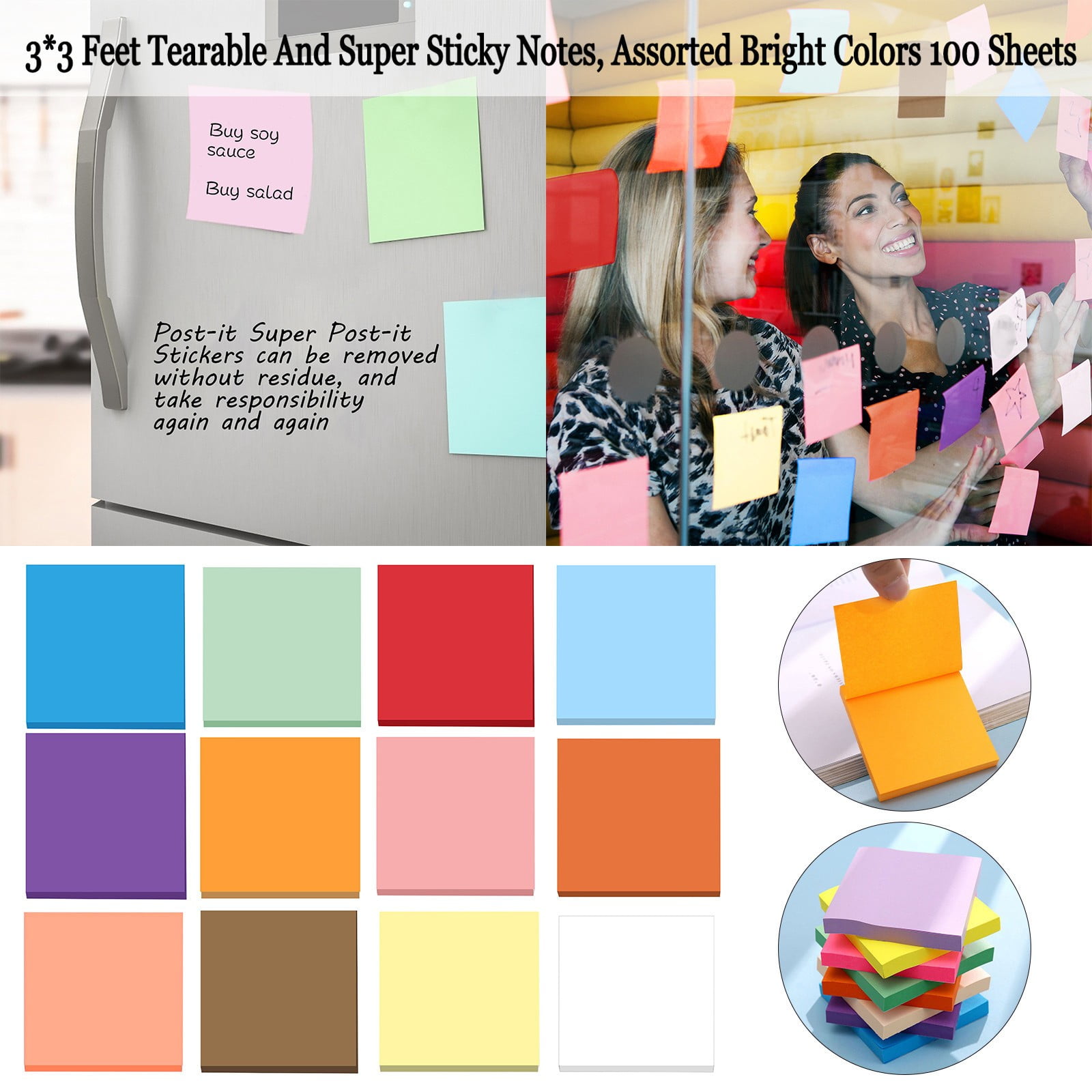 NIHOND 3*3 Feet Tearable And Super Sticky Notes, Bright Colors 100 ...