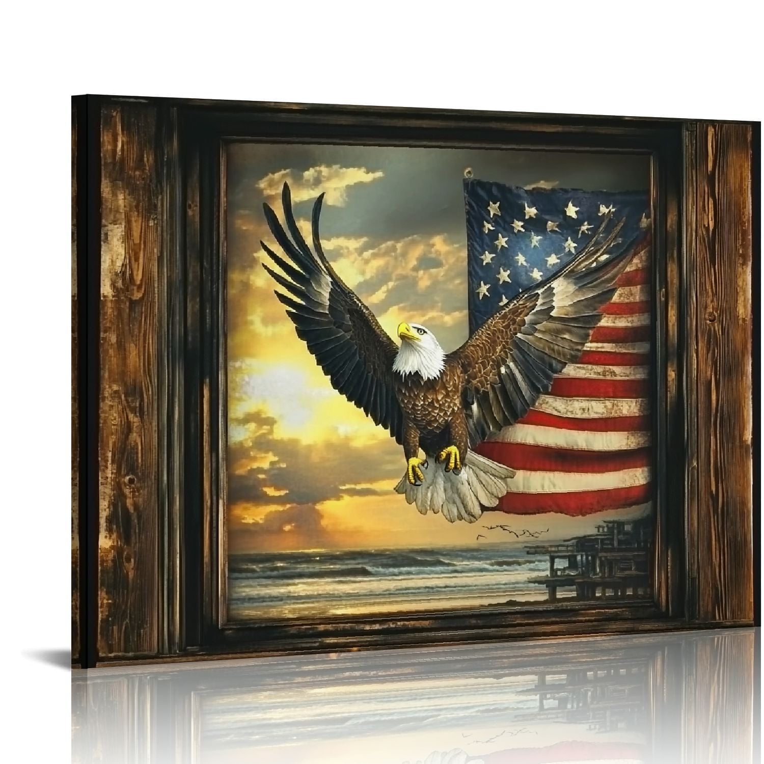NIJIAN American Flag with Bald Eagle Wall Art Retro View of Window ...