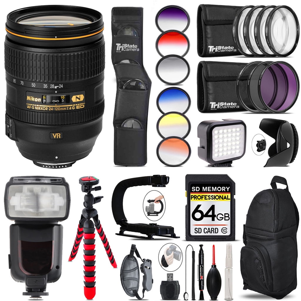 NIKON AFS 24-120/4G ED VR Zoom Lens+ Pro Flash + LED Light - 64GB ...