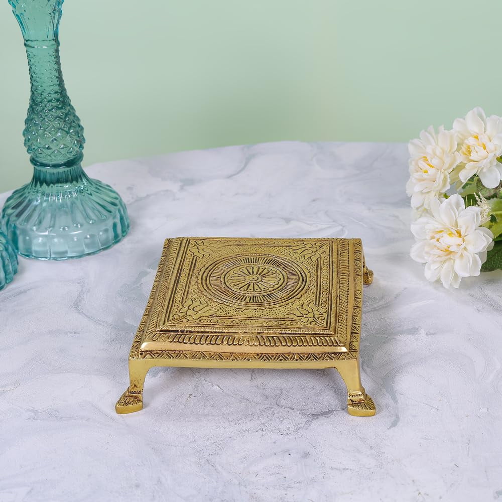 NIKSA HOMES Brass Patla for Pooja Room Pooja Chowki Beautiful Engraved Design Chowki for God ...