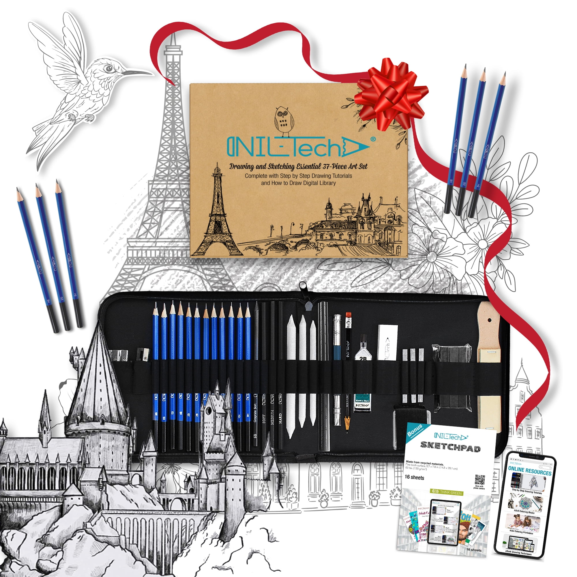 NIL Tech Professional Drawing & Sketching Set - 37 Piece Art Kit for ...