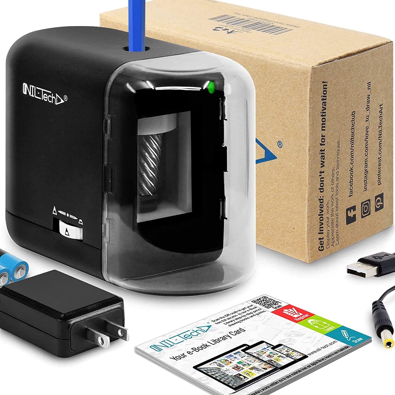 NIL-Tech Electric Pencil Sharpener Battery, AC Plug In Powered ...