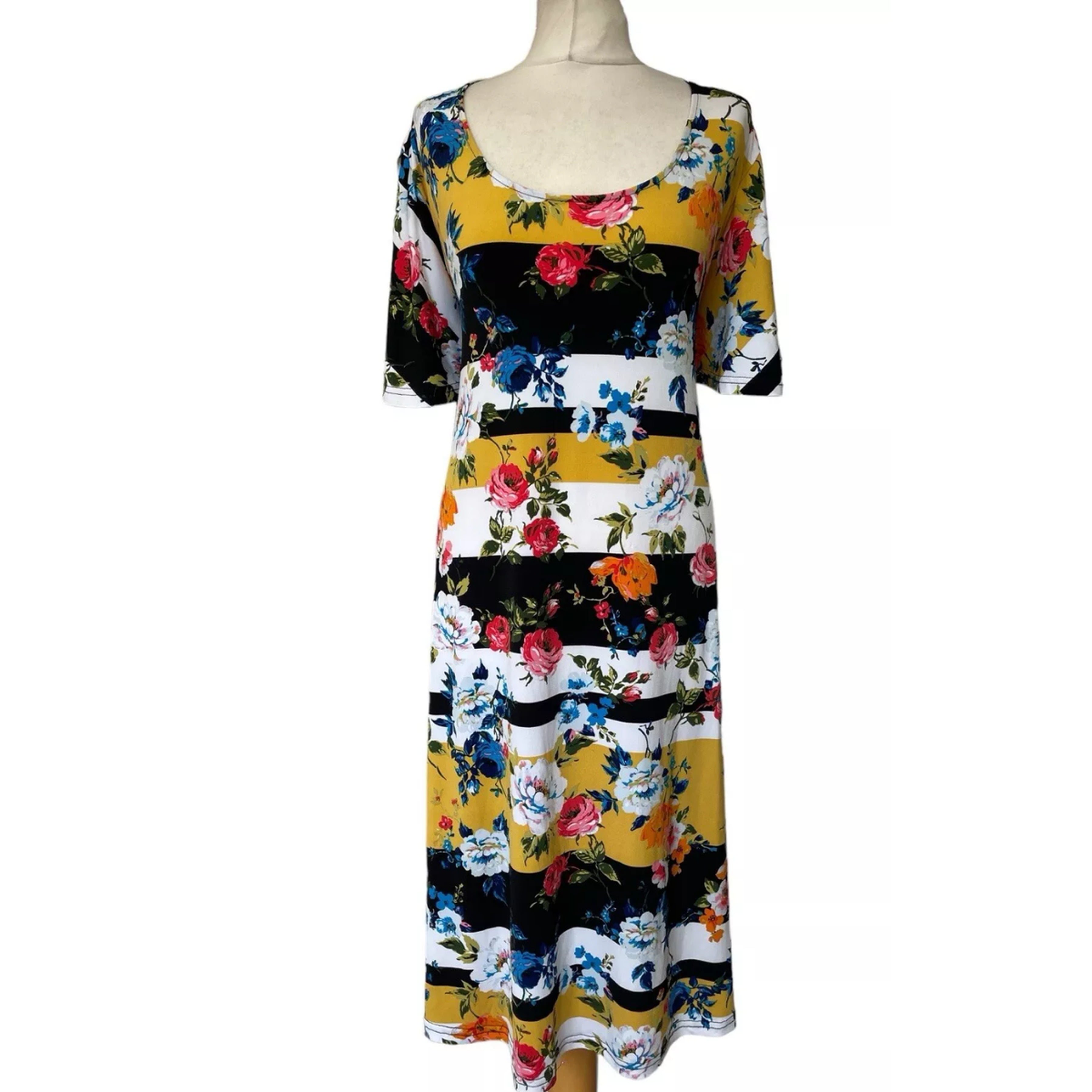 NINA-LEONARD Floral Maxi Dress 3X Yellow Black White Striped Dress ...