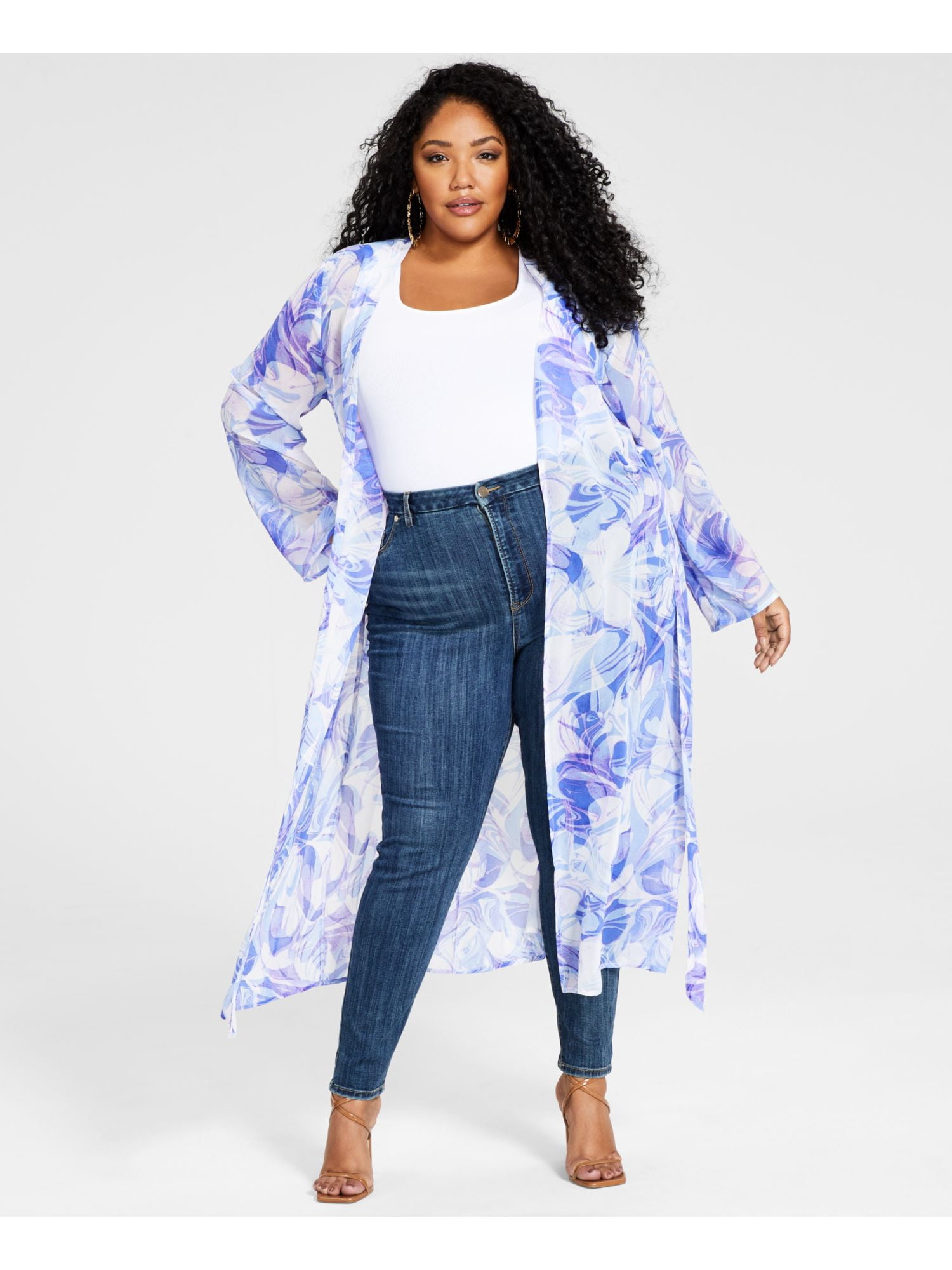 NINA PARKER Womens Blue Sheer Tie Waist Printed Long Sleeve Open Front ...