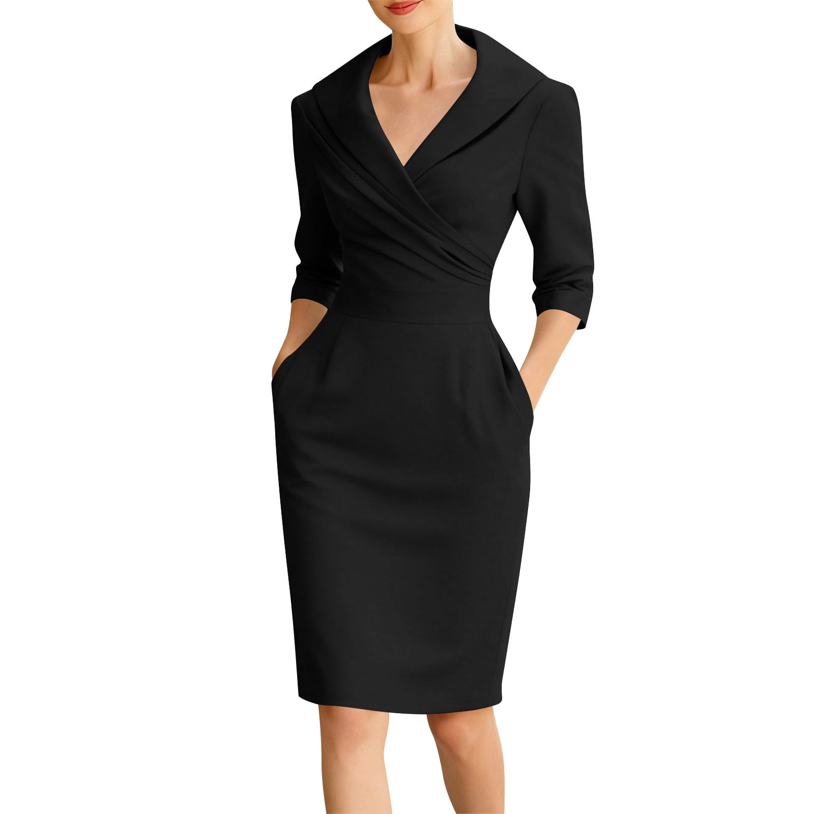 NINADA Cross Wrap V Neck Dresses for Women Collared 3/4 Length Sleeve ...