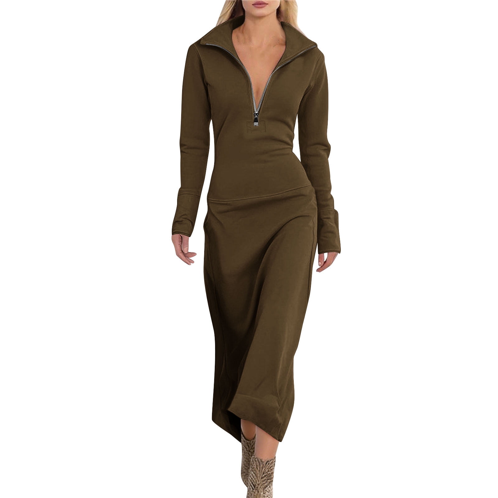 NINADA Women's Half Zip Dress Deep V-Neck Collared Maxi Dress Long ...