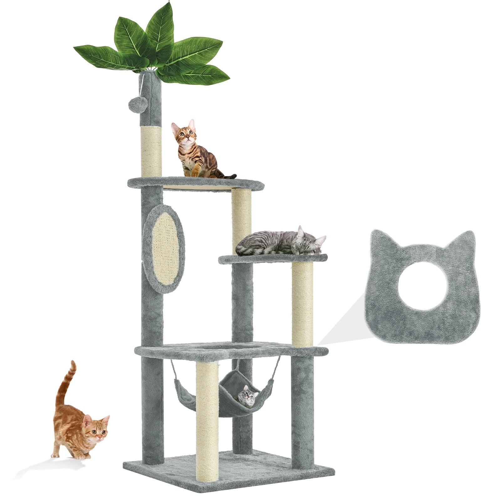 NINESHI 60" Cat Tree for Indoor Cats with Green Leaves, Multi-Level ...