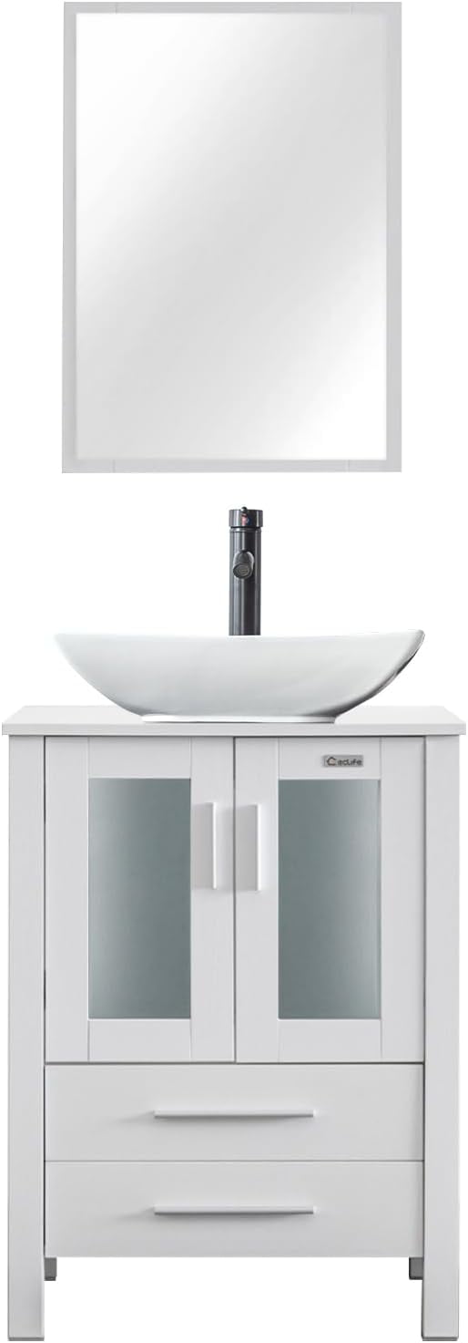 NING 24" Bathroom Vanity Sink Combo White Stand Cabinet White Round ...