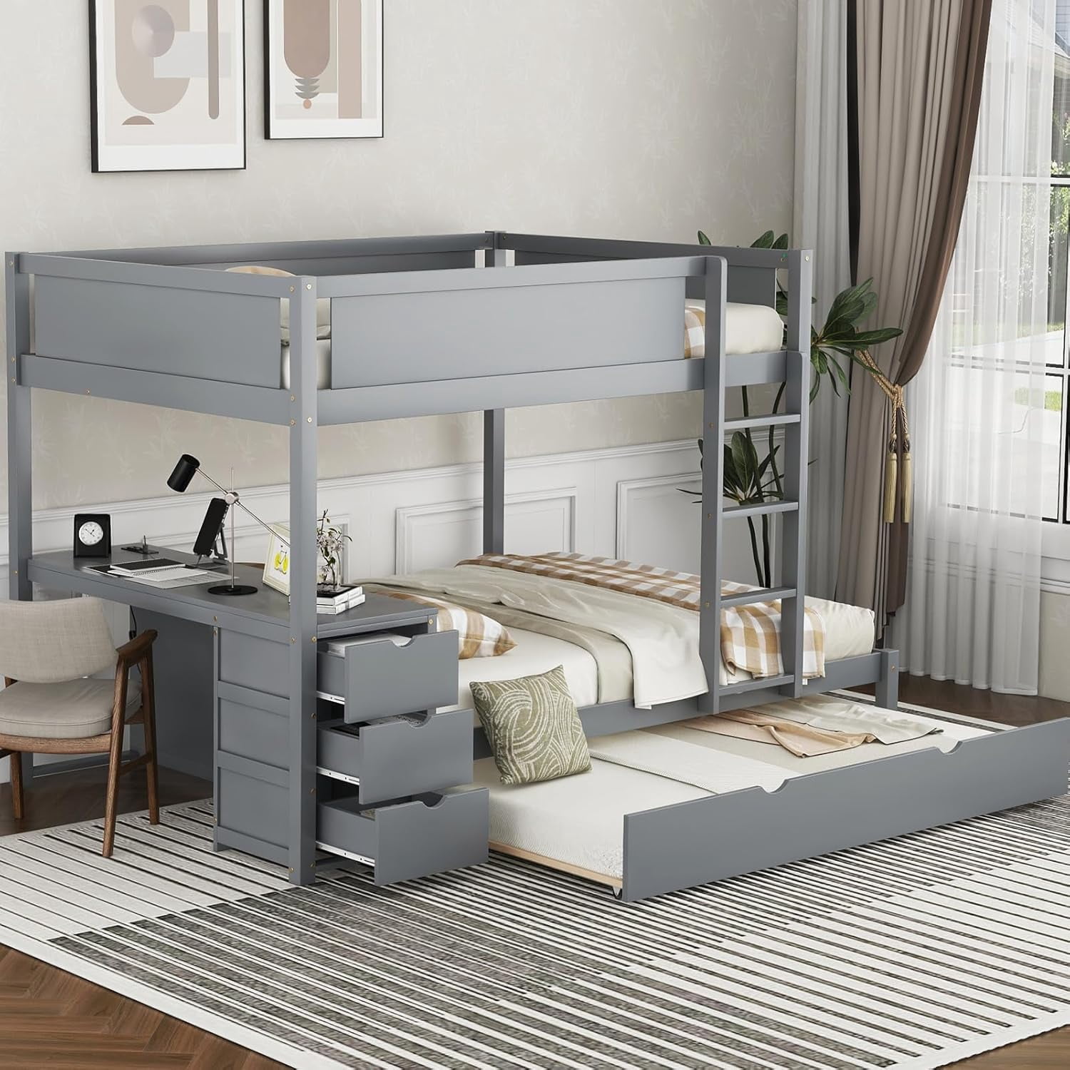 NING Full Over Full Bunk Bed with Desk, Trundle and Storage Drawers ...
