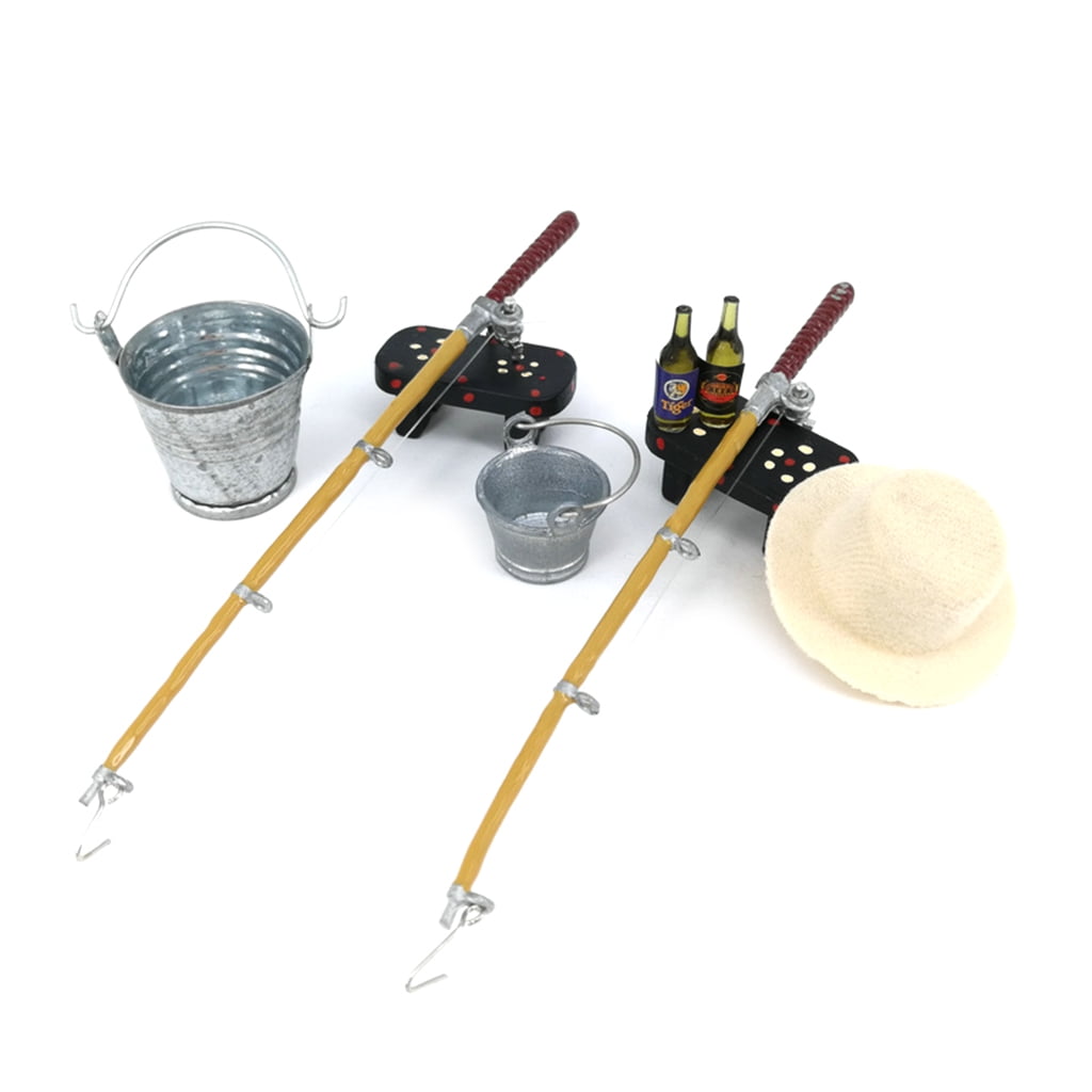 NINGCHE 1/12 Dollhouse Miniature Fishing Rod Hat Bucket Stool Model for ...