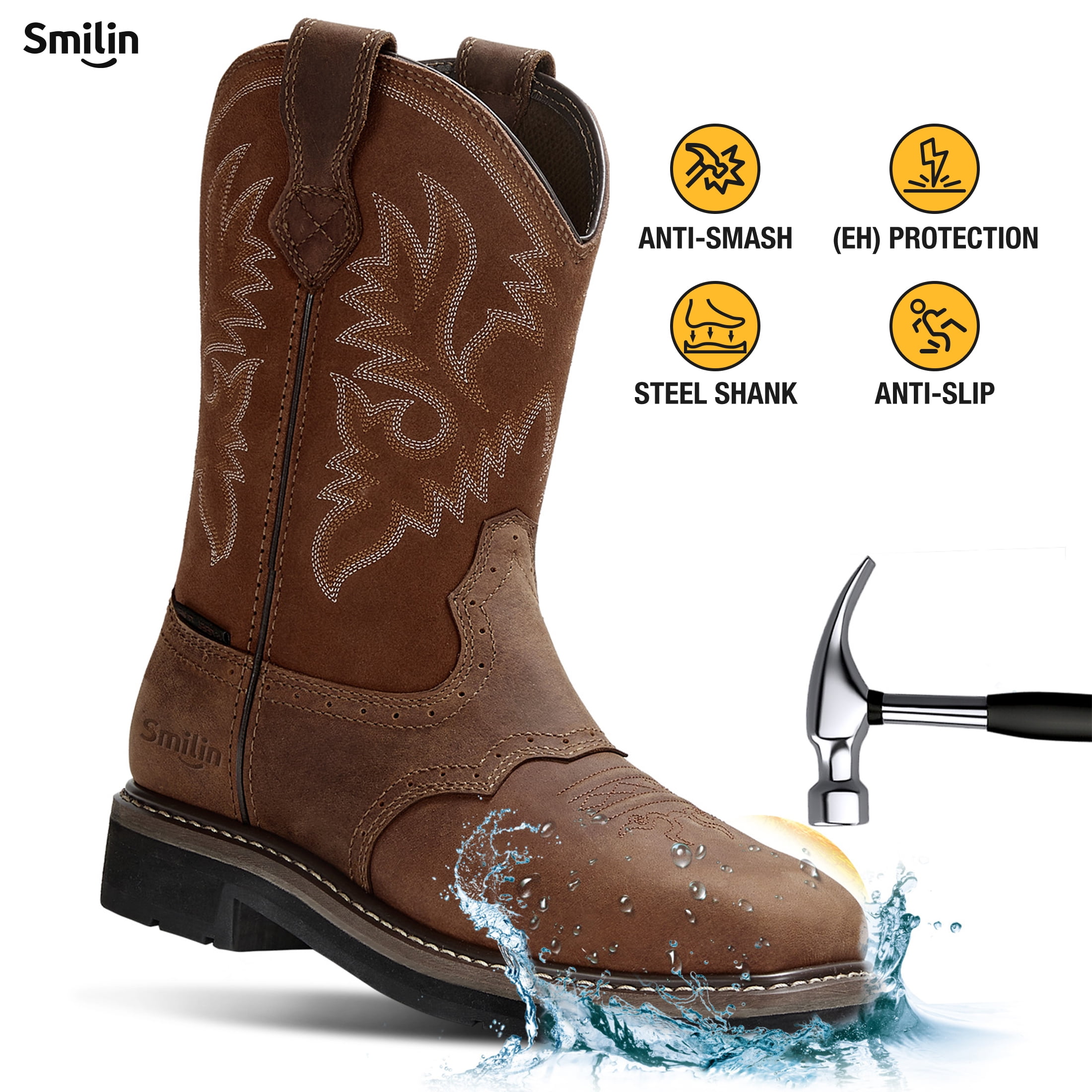 SMILIN Men's Waterproof Steel Toe Work Boots,Brown,Size 12 - Walmart.com