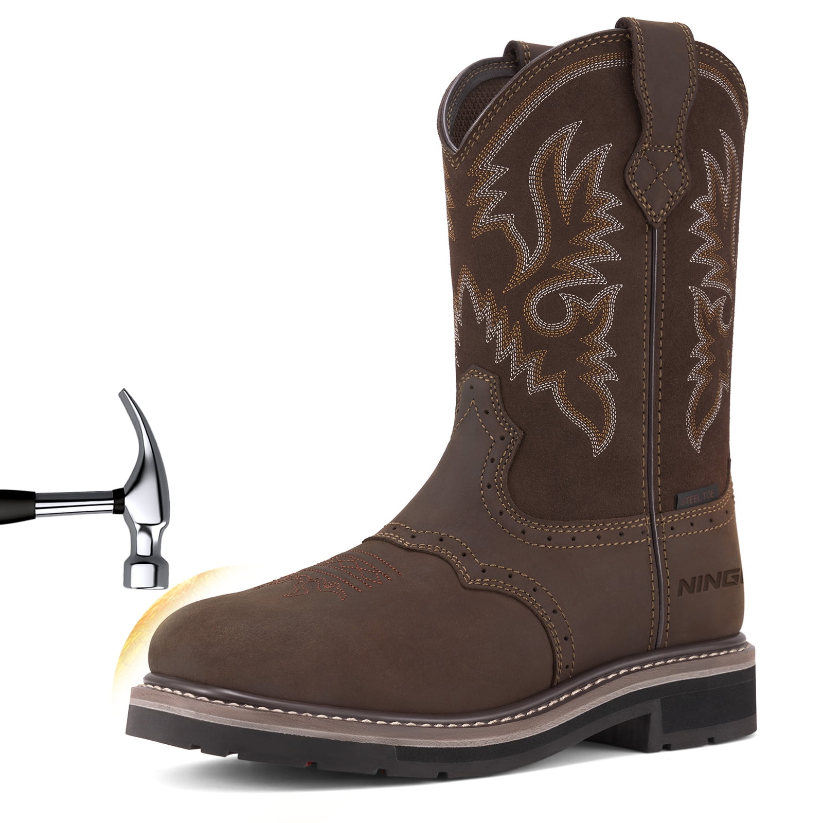 NINGO Steel Toe Work Boots for Men Pull-on Western Cowboy Boots, Dark ...