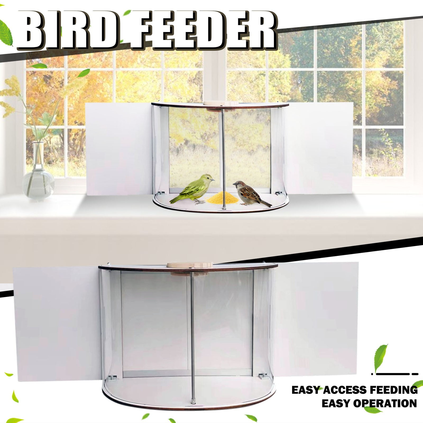 NINSEN Wooden Bird Feeder with 180 Degree Clear View, Large Window ...