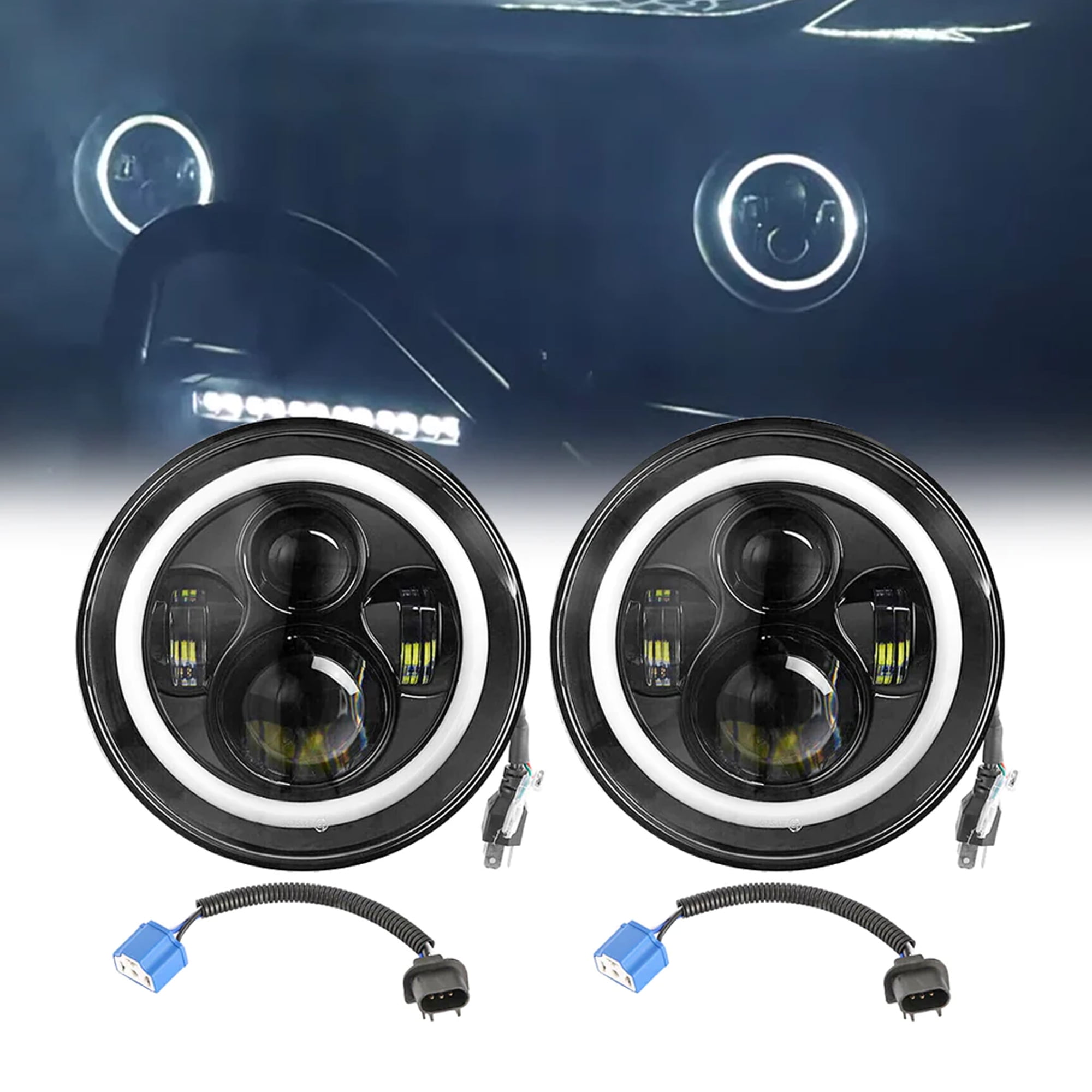 NINTE 7" Round LED Headlights Halo Angle Eyes Pair Universal Fit ...