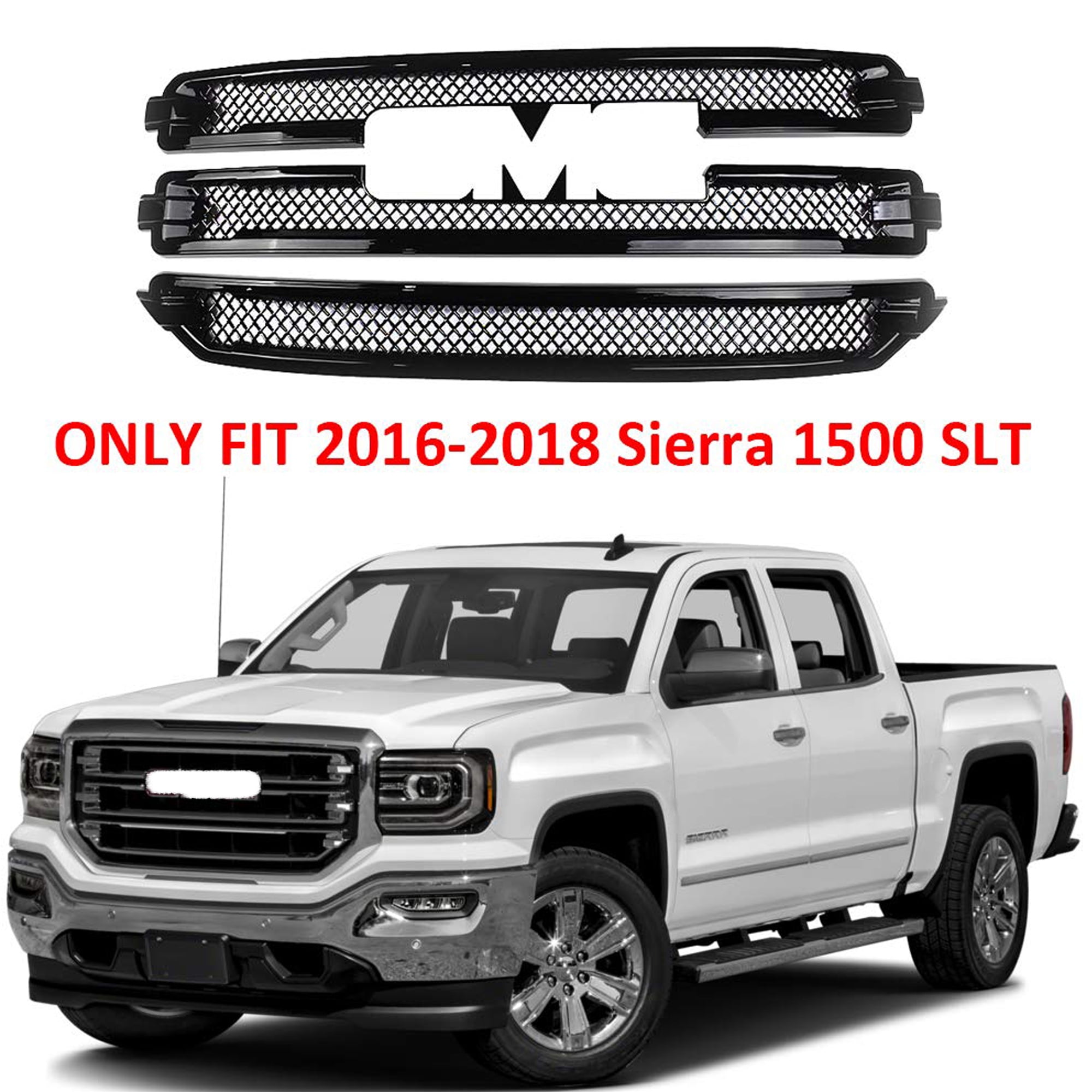 NINTE Grille Overlay for 2016-2018 GMC Sierra 1500 SLT Trim Gloss Black ...