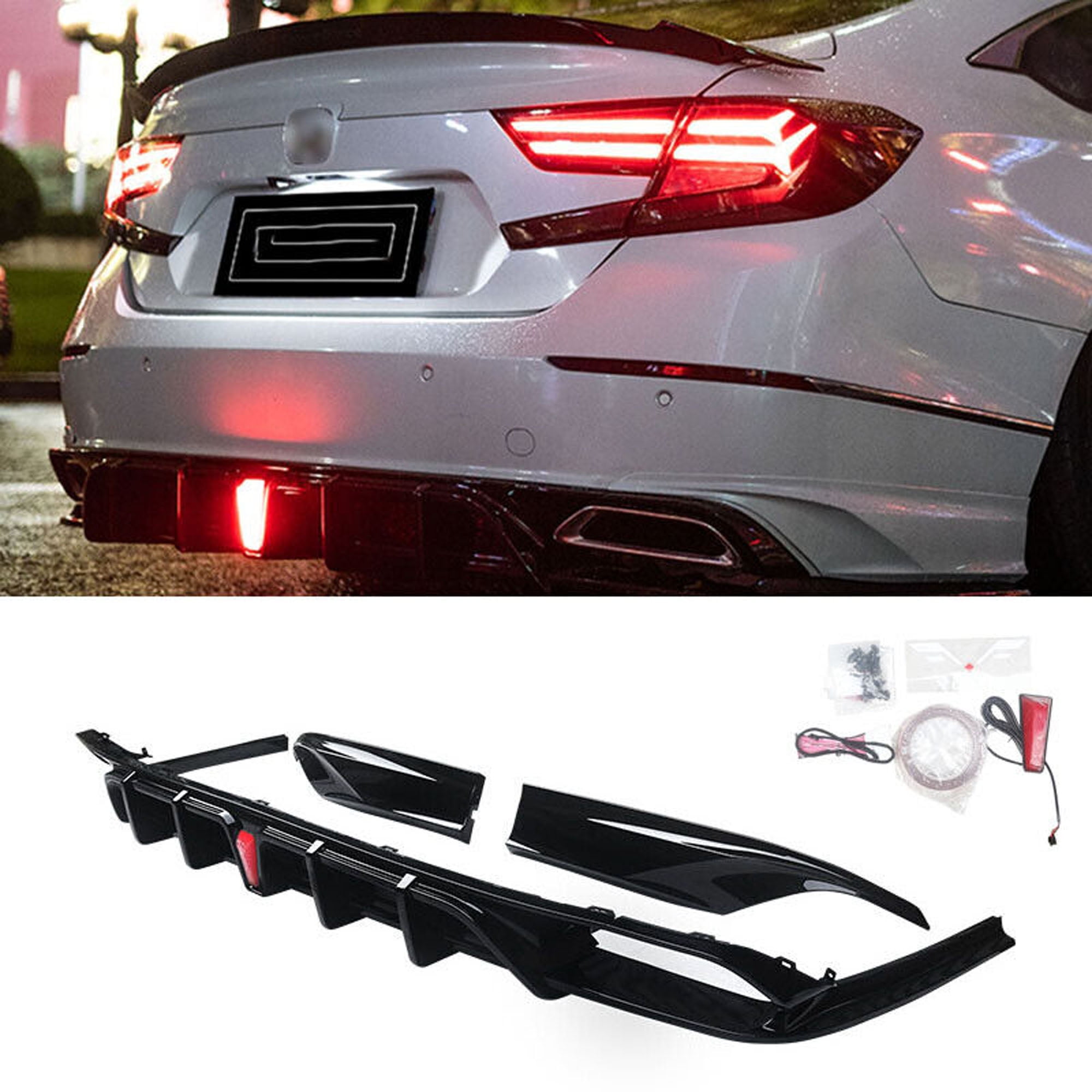 NINTE Gloss Black Rear Diffuser for 2018-2022 Honda Accord with LED and ...