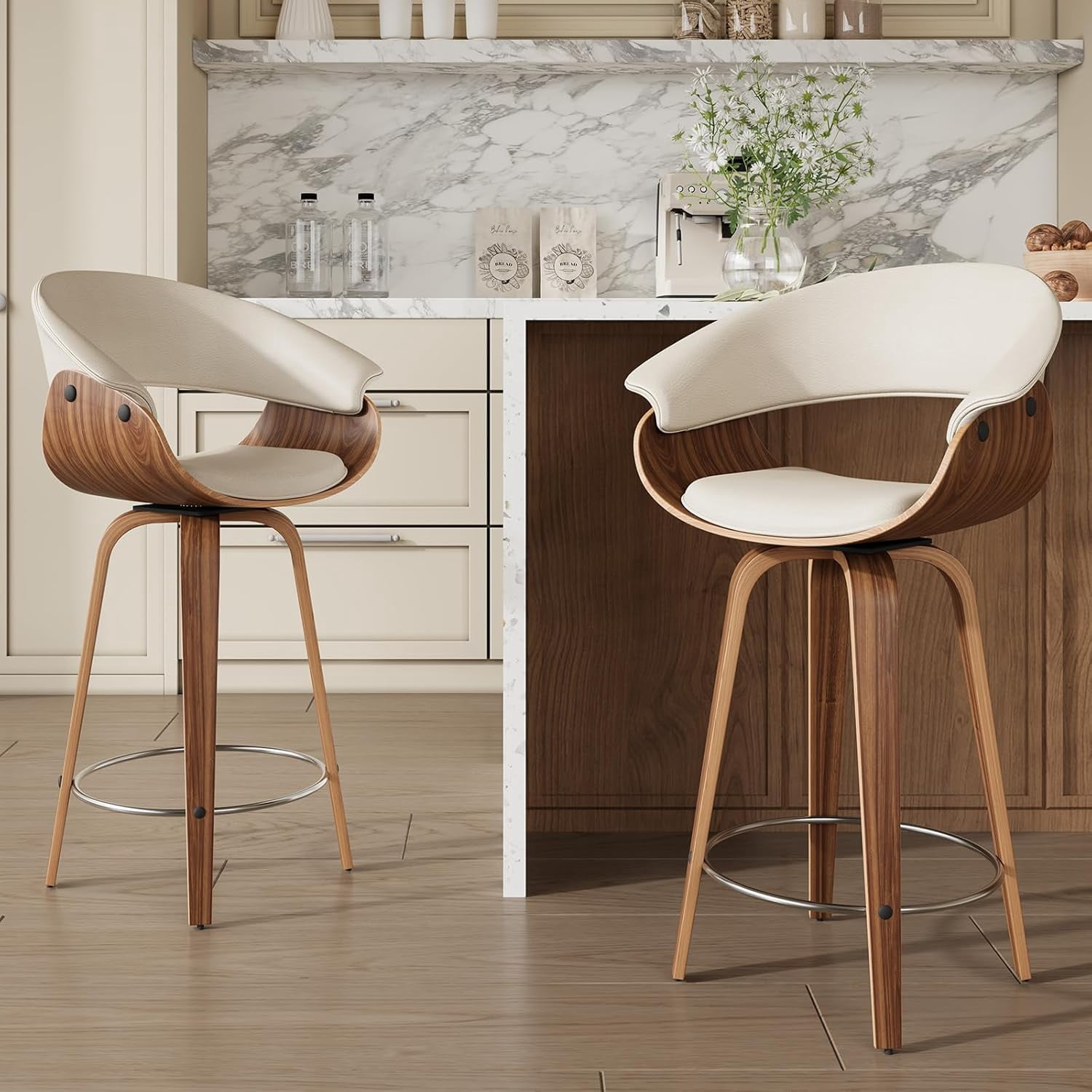 NIOIIKIT Bar Stools Set of 2, PU Leather Upholstered Counter Height Bar ...