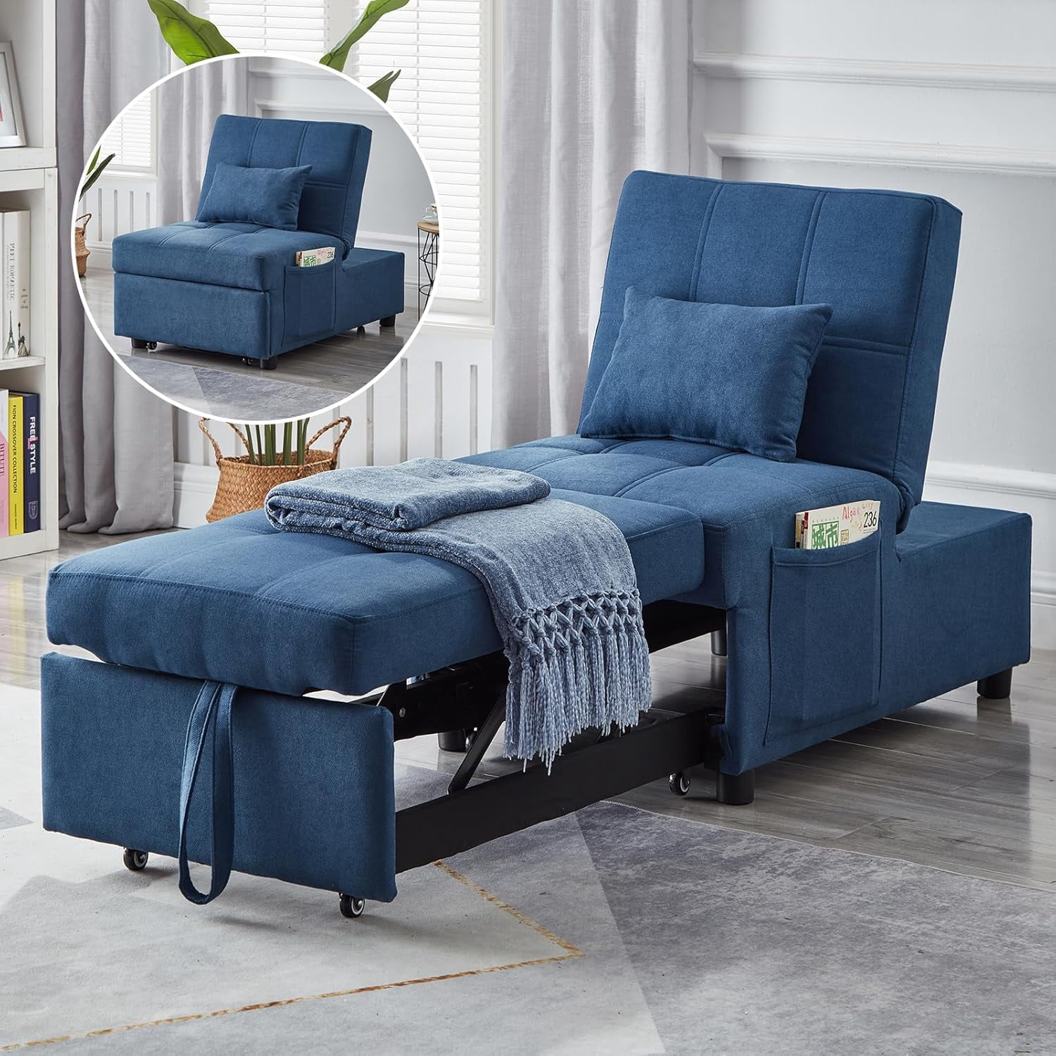 NIOIIKIT Convertible 3-in-1 Pull Out Bed, Linen Upholstered Single ...