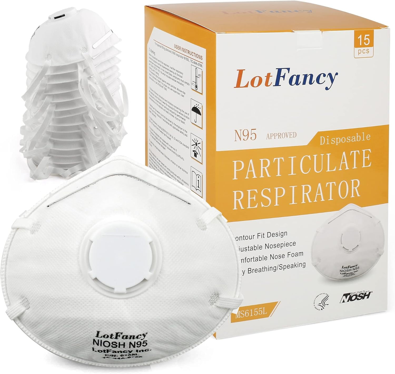 NIOSH N95 Mask, 15PCS Particulate Respirator with Breathing Valve ...