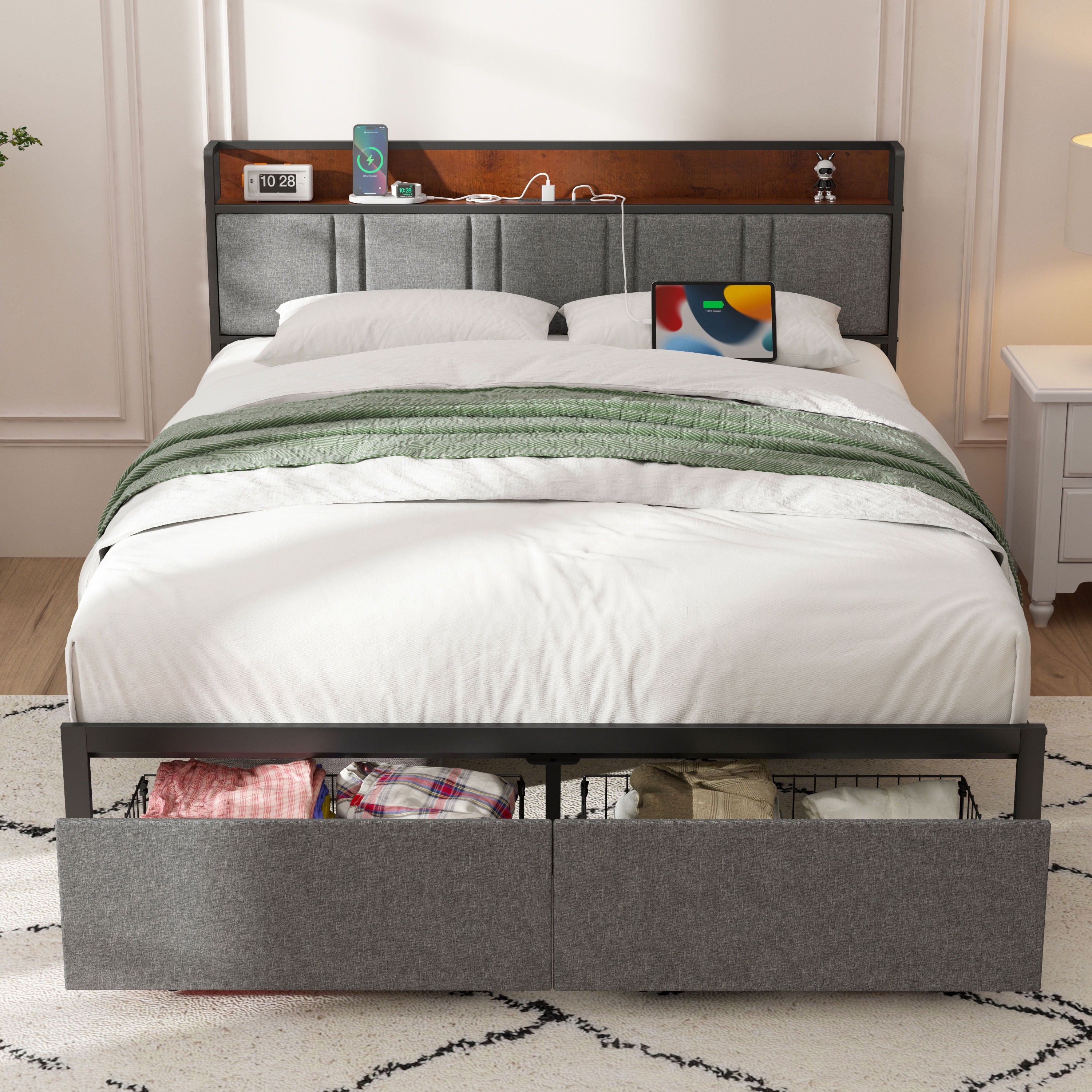 NISIEN Full Size Bed Frame with 2 Drawers, Platform Bed Full with ...