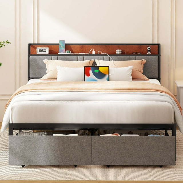 NISIEN King Size Bed Frame with 2 Storage Drawers, Metal Platform Bed ...