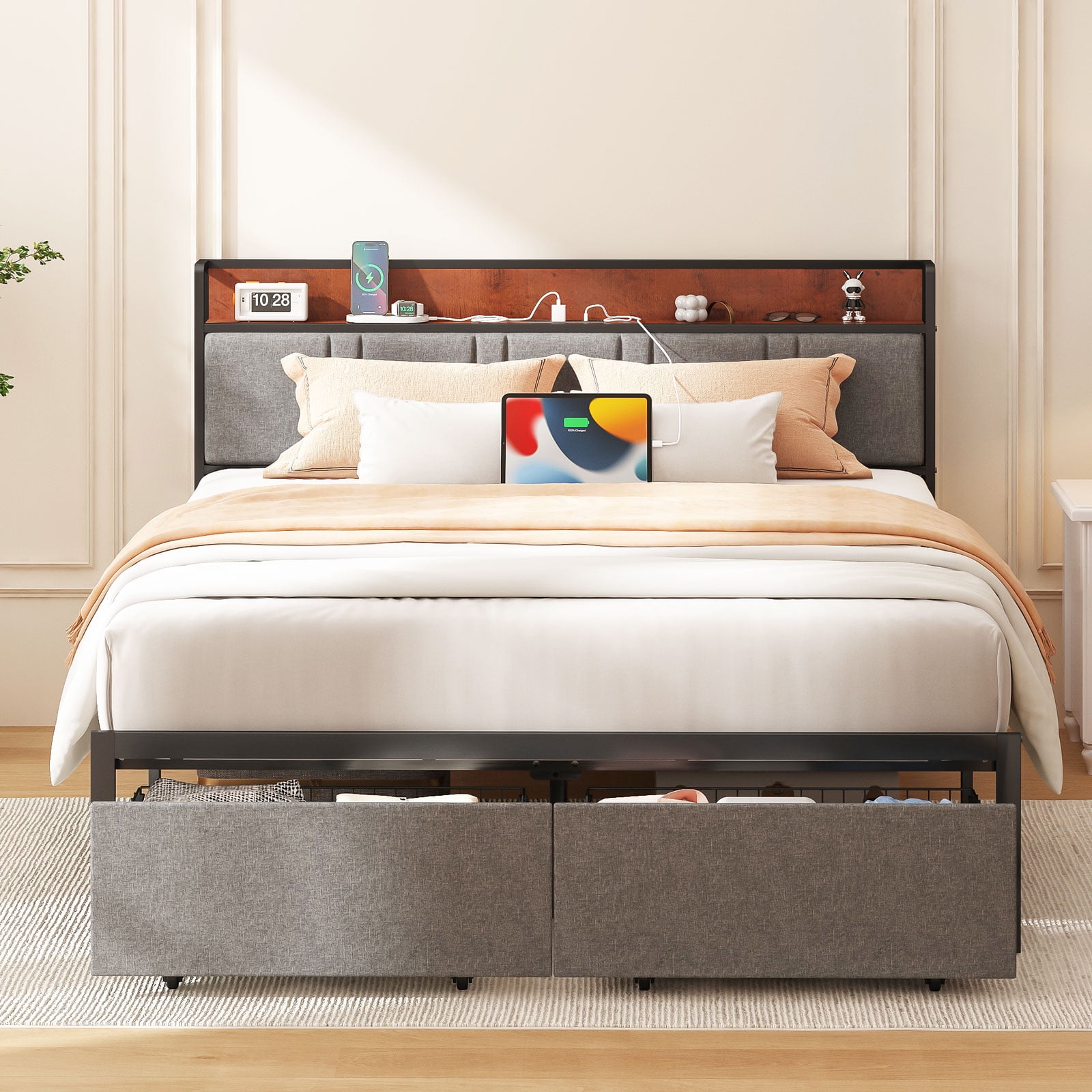 NISIEN Queen Bed Frame with 2 Storage Drawers, Metal Platform Bed Queen ...