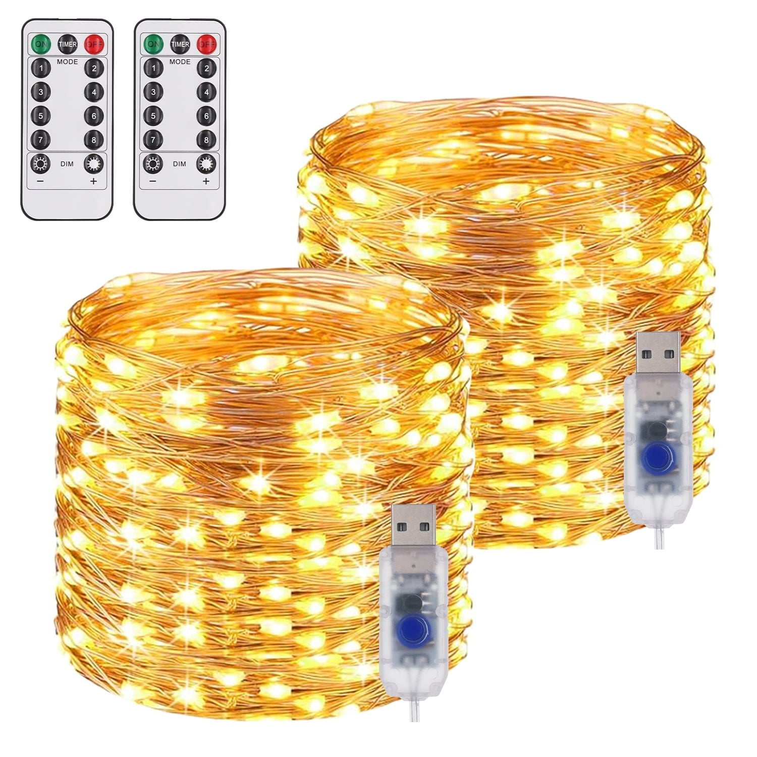 NITIDSKY USB Christmas Lights, 2 Pack, 66ft 200 LED String Lights, Warm ...