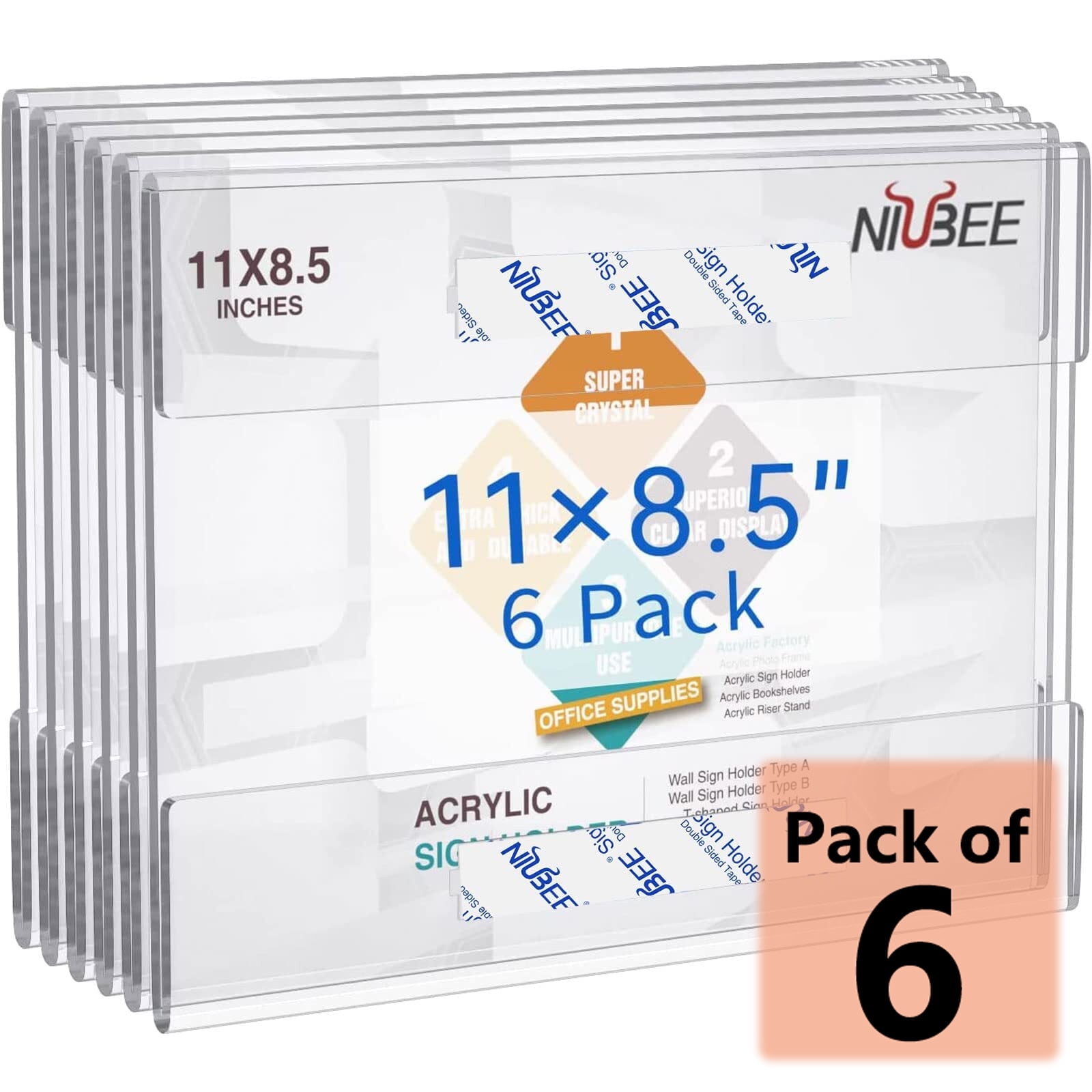 NIUBEE 6-Pack 8.5x11 Wall Mount Acrylic Sign Holder, 3M Tape Adhesive ...