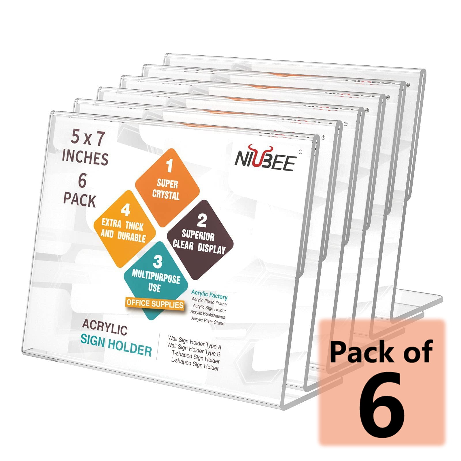 NIUBEE Plexiglass Acrylic Sign Holder, 5x7 Inches, 6-Pack - Clear ...