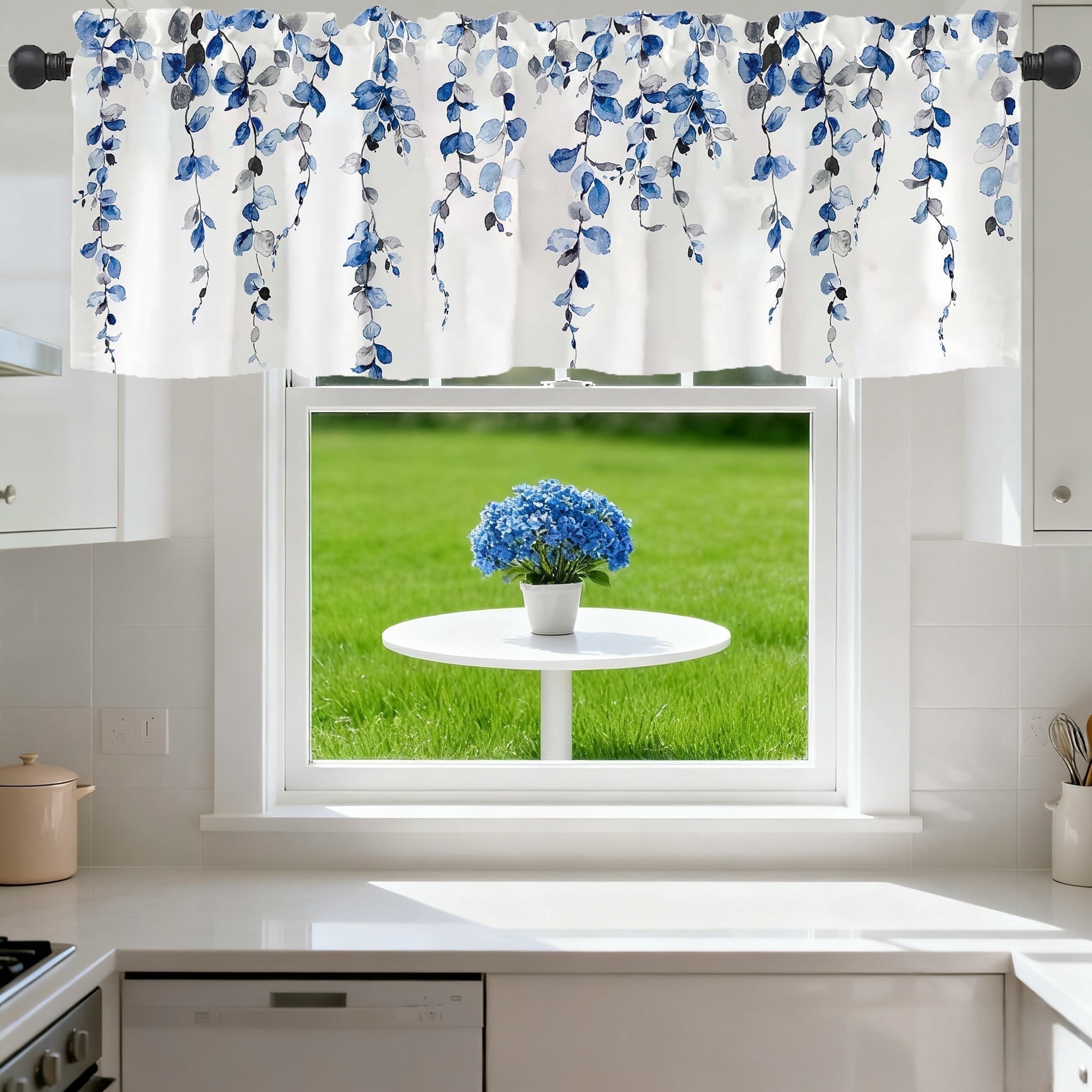 NIUBIER Blue Leaves Window Valance for Bedroom Living Room, Grey Leaf ...