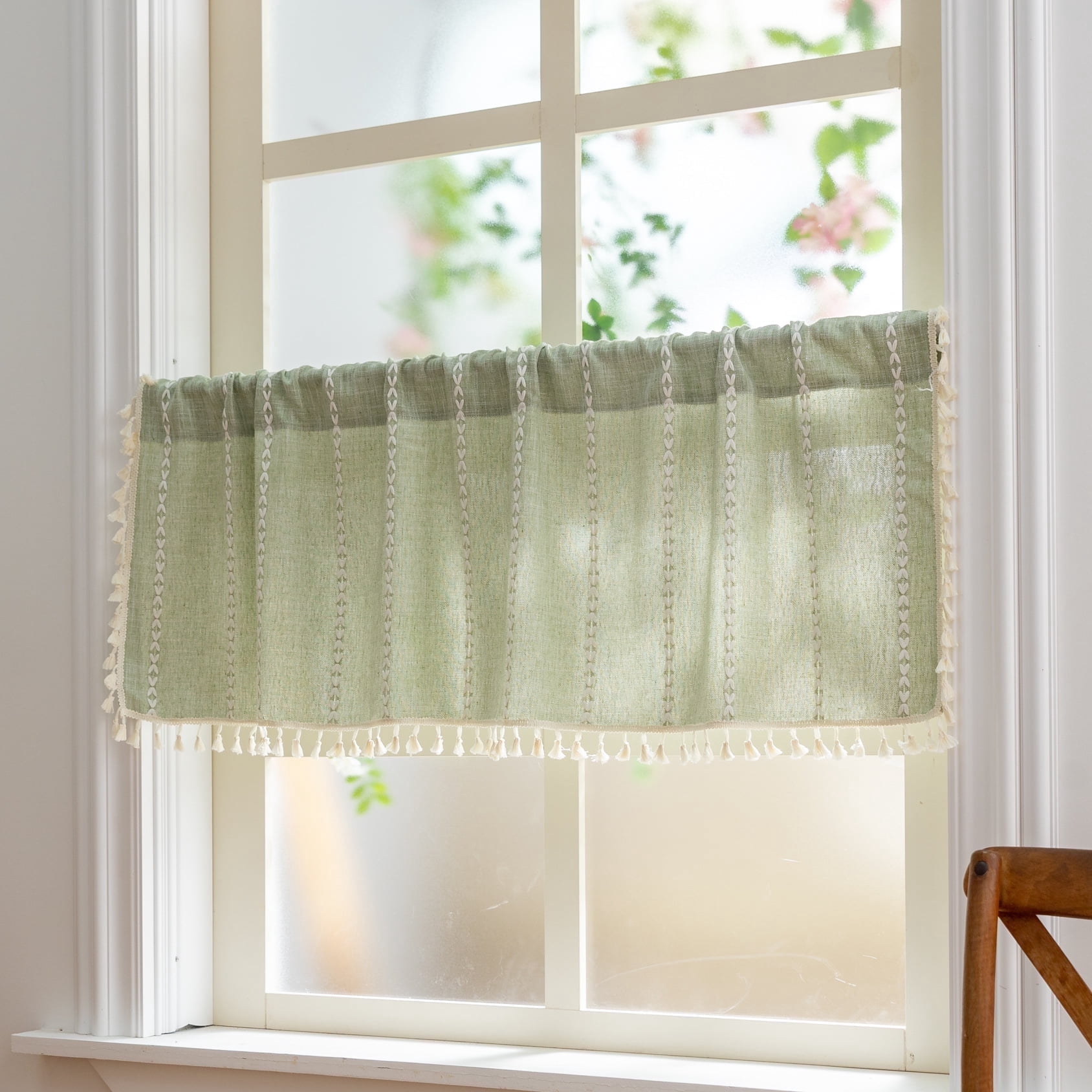NIUBIER Sage Green Curtain Tassel Valance,Boho Farmhouse Kitchen ...
