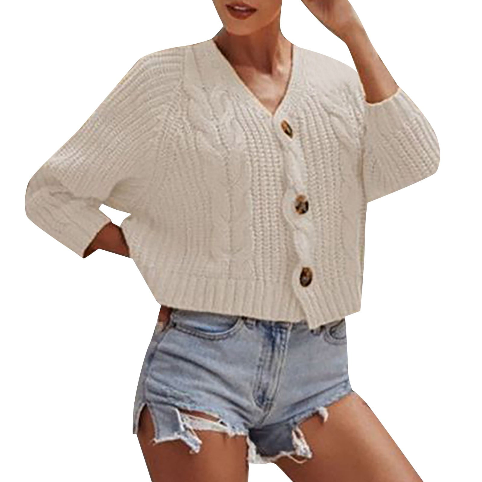 NIUREDLTD Cropped Cardigans Women's Solid Color Button Sweater Knit ...