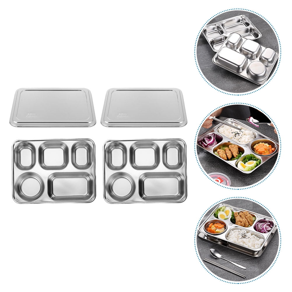 NIYANGLE 2Sets Steel Divided Plate With Lid Divided Lunch Tray With Lid ...