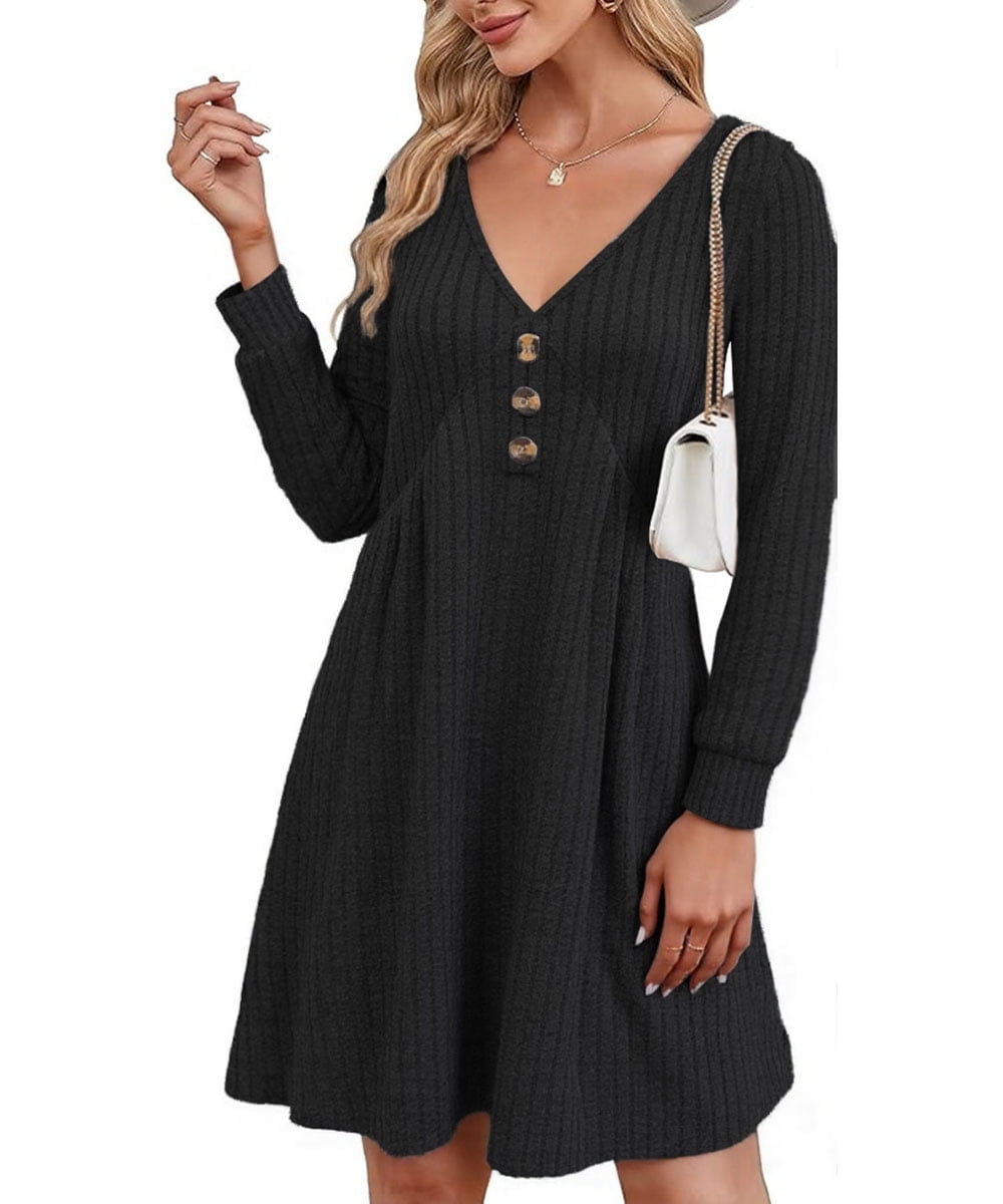 NJWS Women Long Sleeve V Neck Sweater Dress Knee Length A Line Ribbed ...