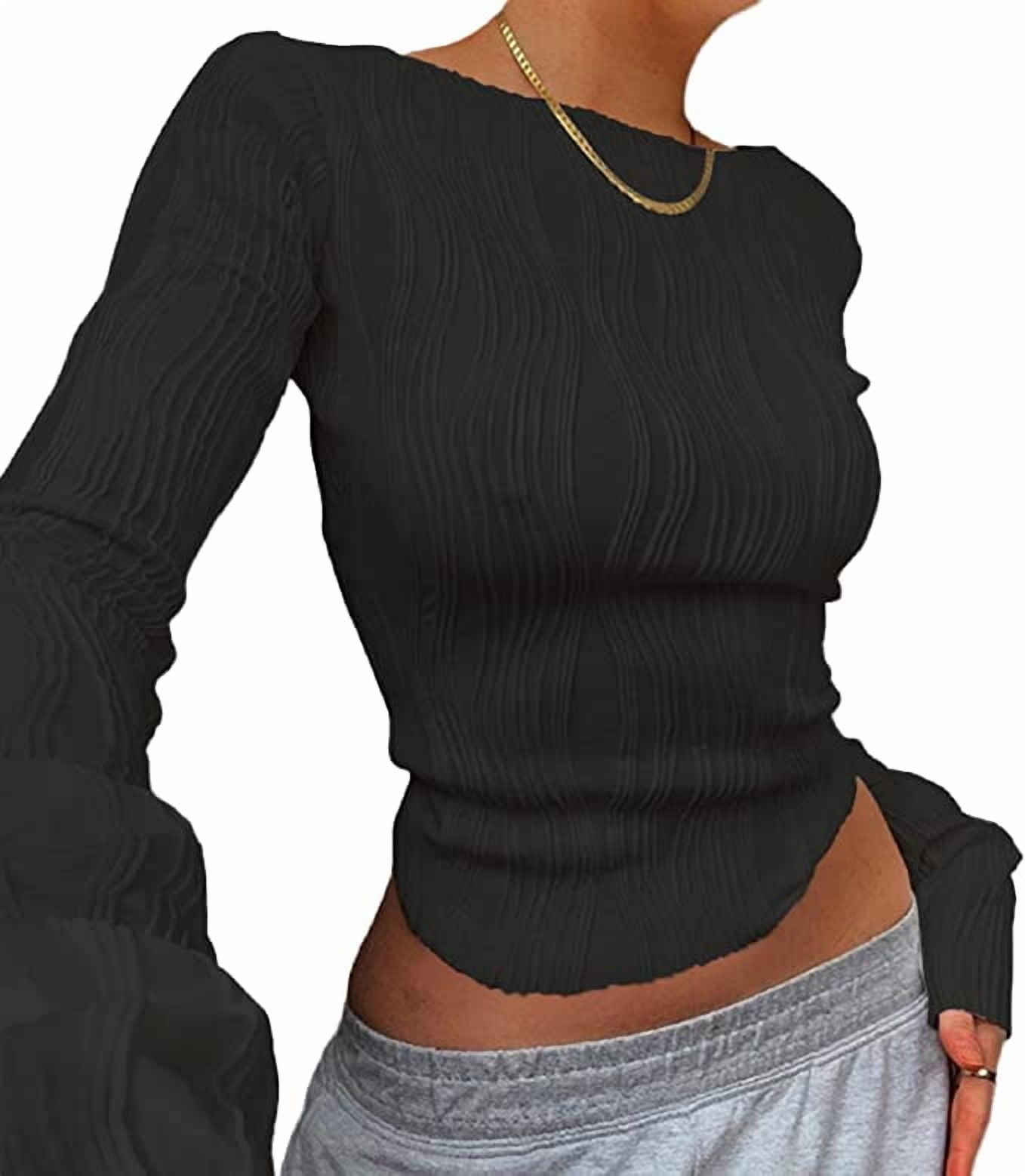 NJWSWomen Sexy Textured Crop Tops Long Sleeve Ruched Slim Fit T-Shirts ...