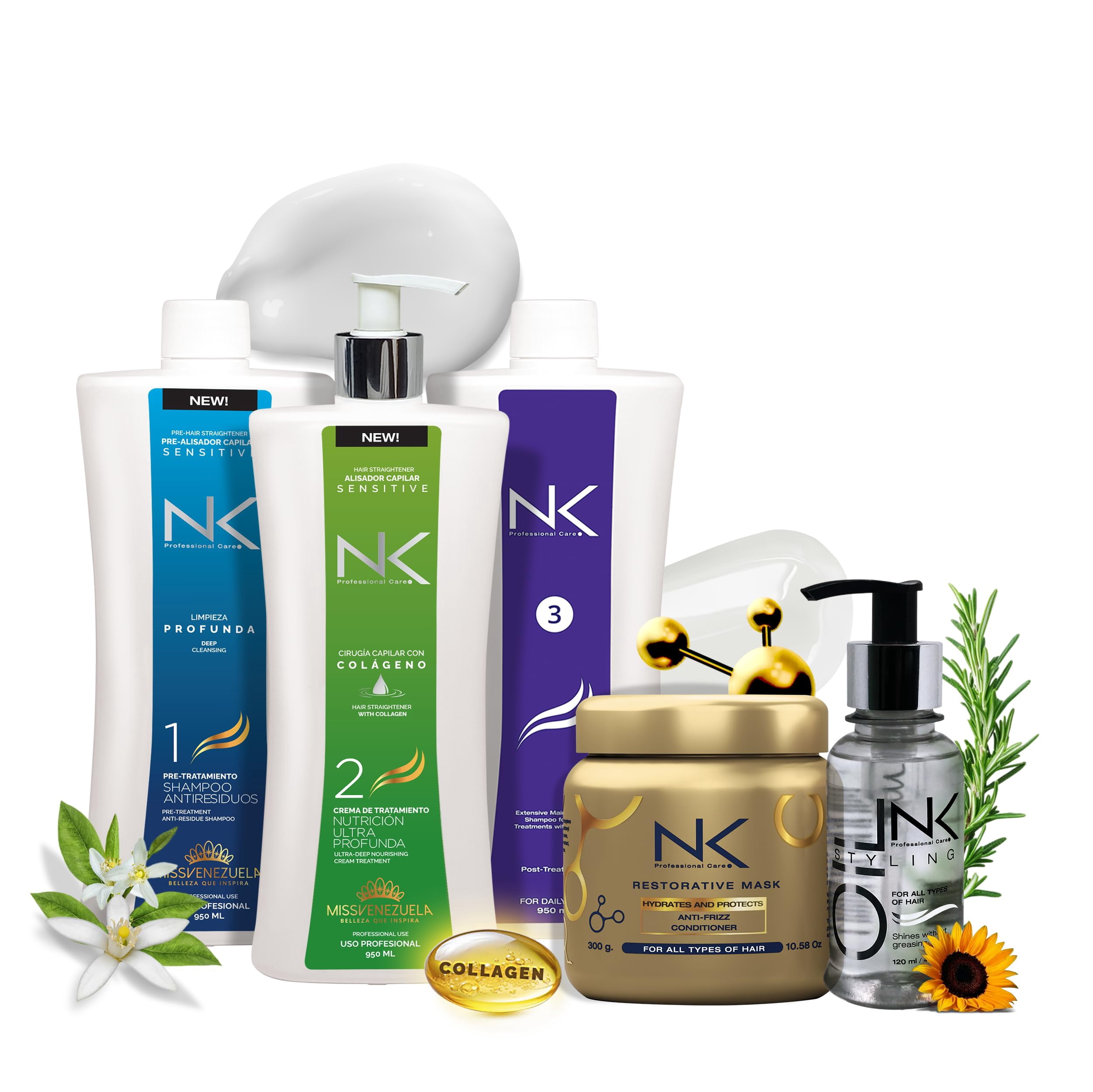NK Professional Keratin Hair Treatment Set + Styling Oil – 4-Step Vegan ...