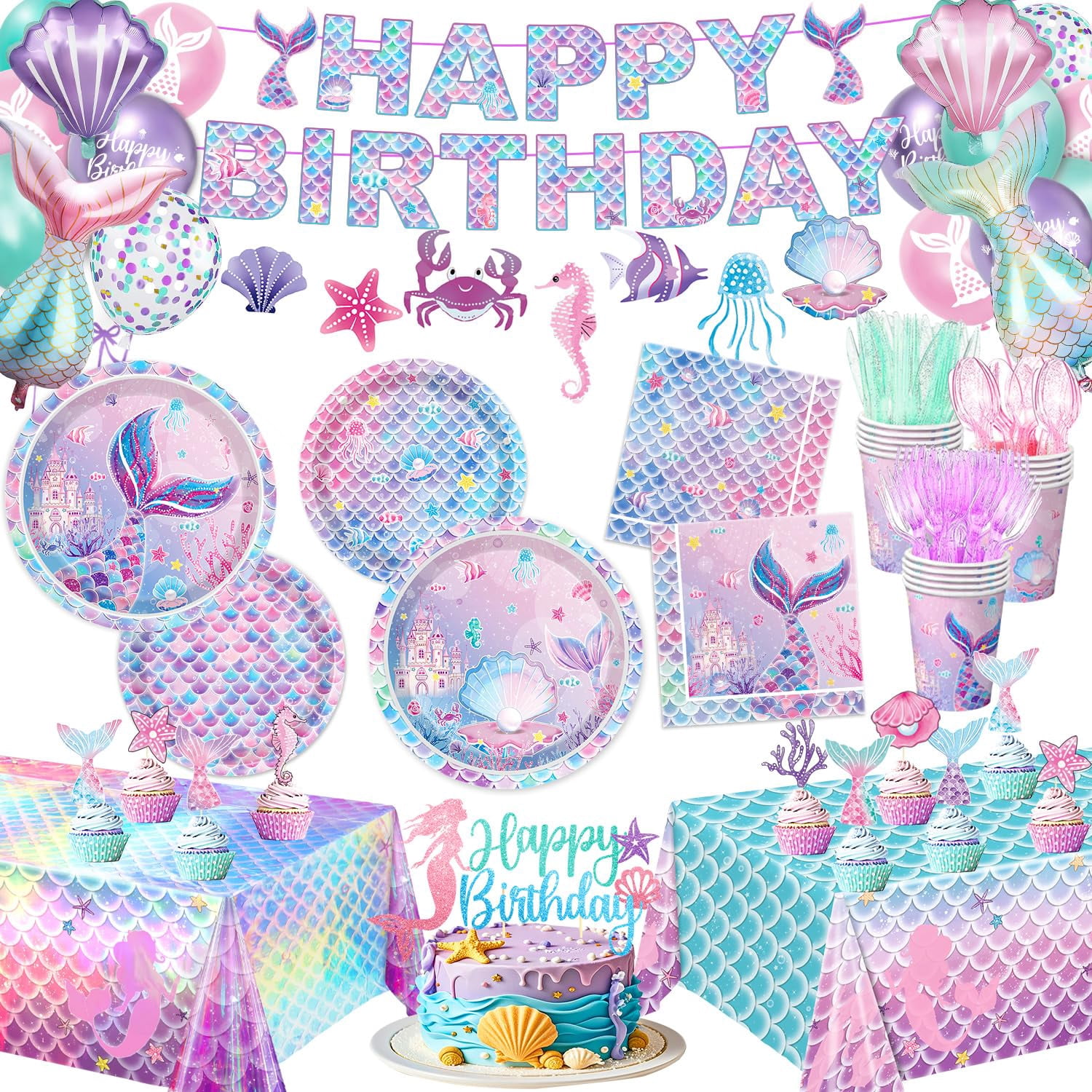 NKPDAXM Mermaid Birthday Decorations Include Plates, AIS1 Napkins, Cups ...