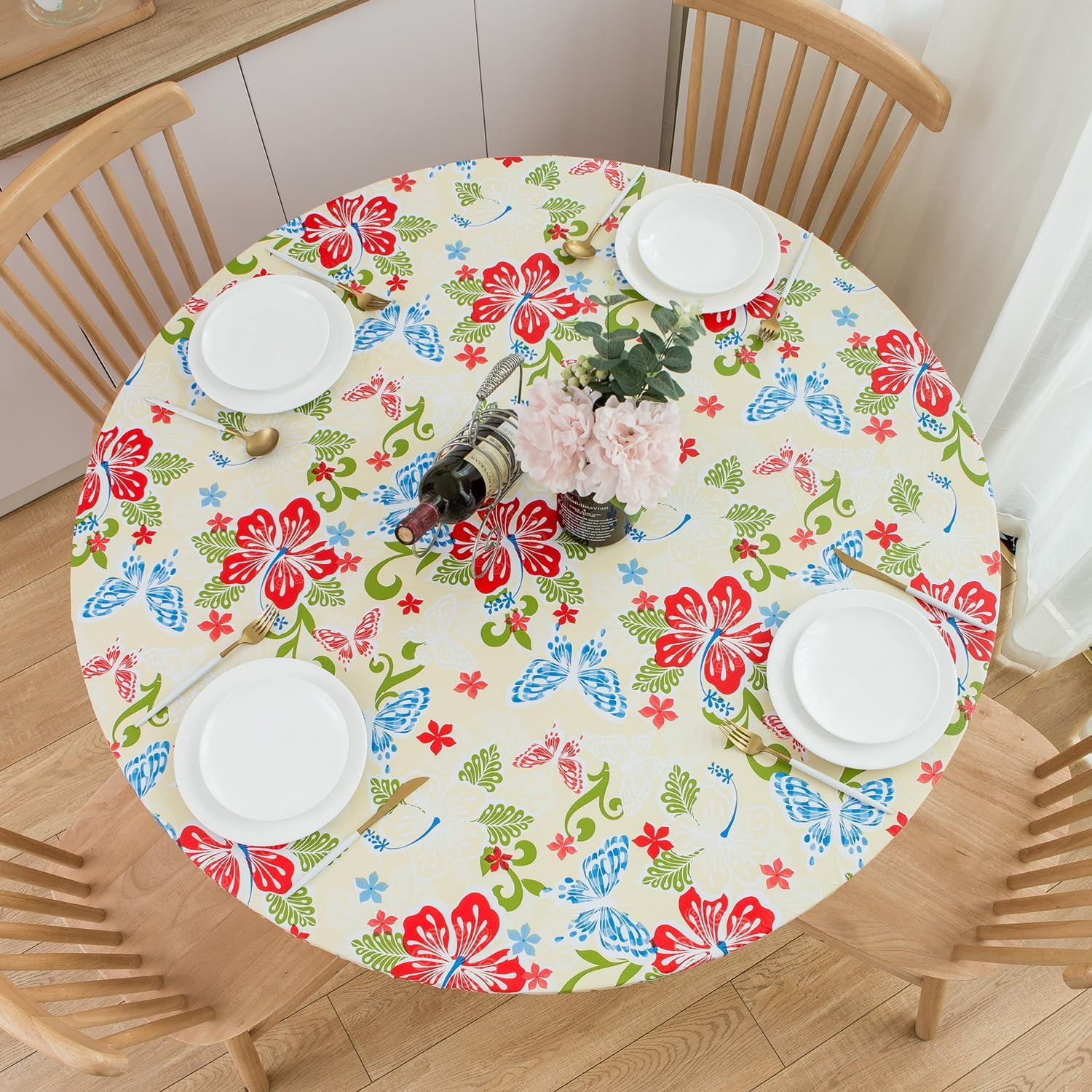 NLMUVW Round Fitted Vinyl Tablecloth with Elastic Edge 100% Waterproof ...