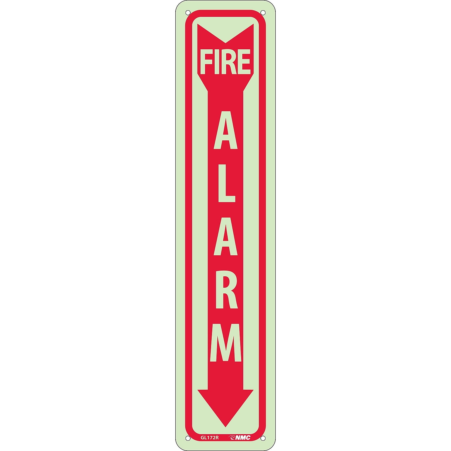 NMC GL172R FIRE ALARM – 4 in. x 18 in. Glow Rigid Alarm Sign with White ...