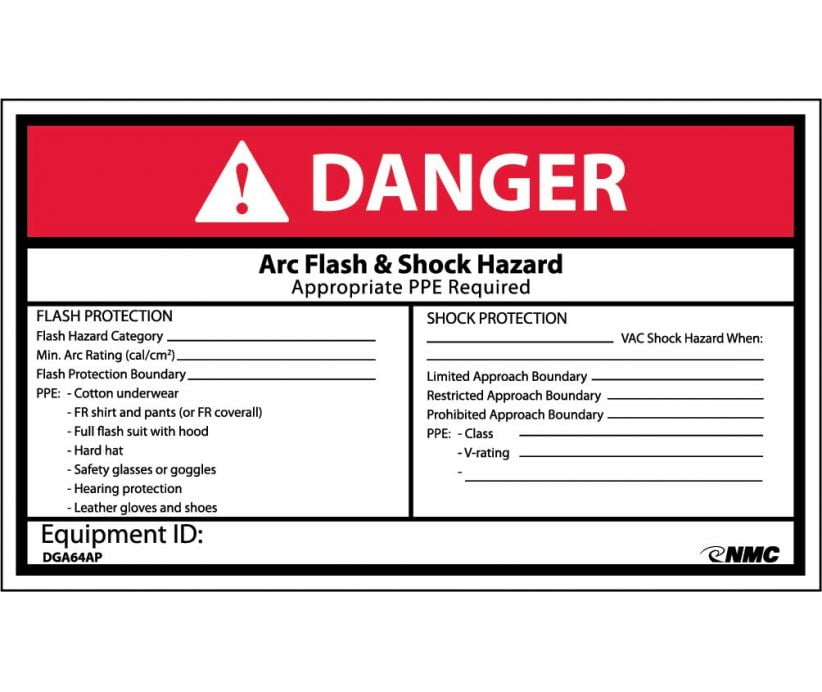 NMC Signs Dga64Ap, Danger Arc Flash And Shock Hazard Label, 3 X 5 ...