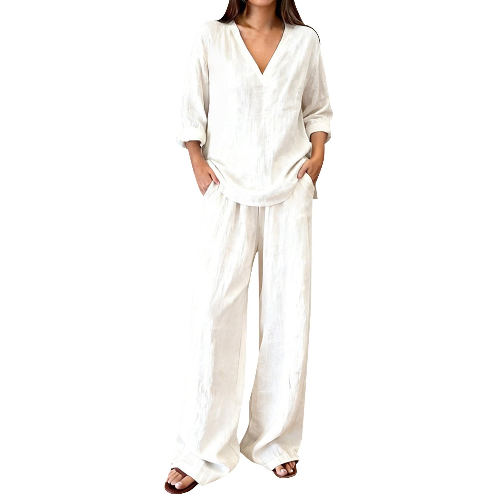 NMMUED Linen Sets for Women 2 Piece Women's Casual Linen 2 Piece Set V ...